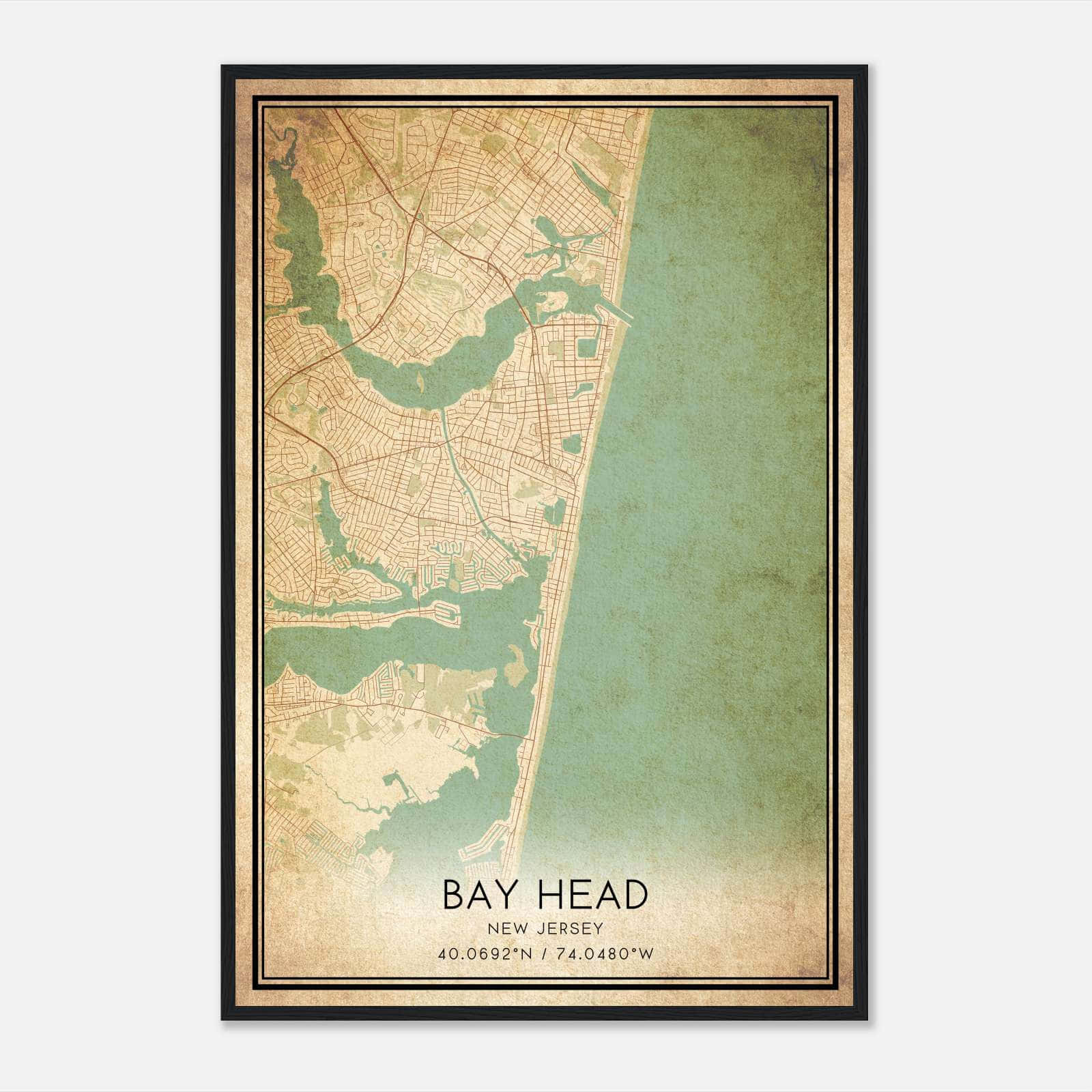 Vintage Bay Head New Jersey Map Poster, Bay Head NJ City Road Wall Art Print - Custom Maps & Posters