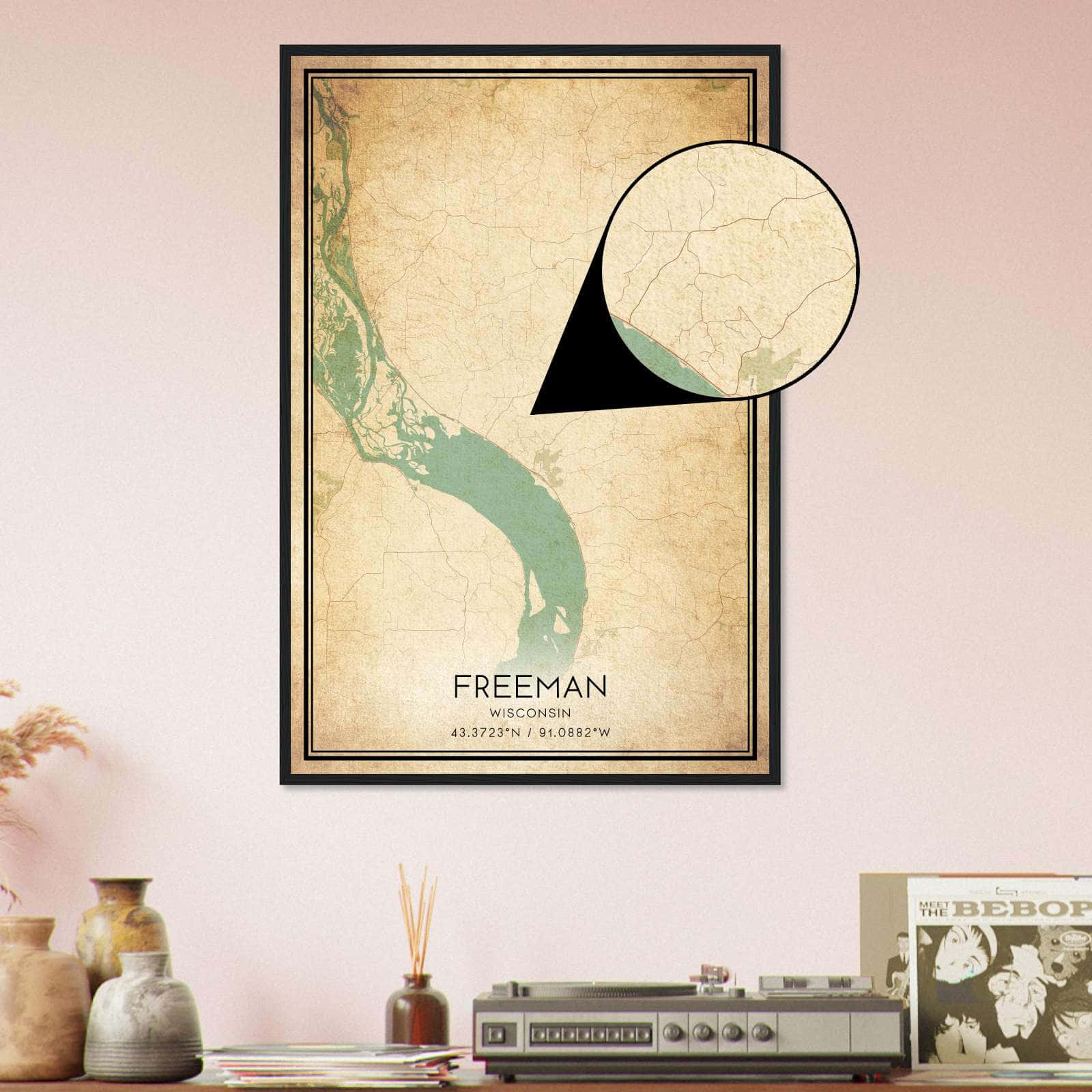 Vintage Freeman Wisconsin Map Poster, Freeman WI City Road Wall Art ...