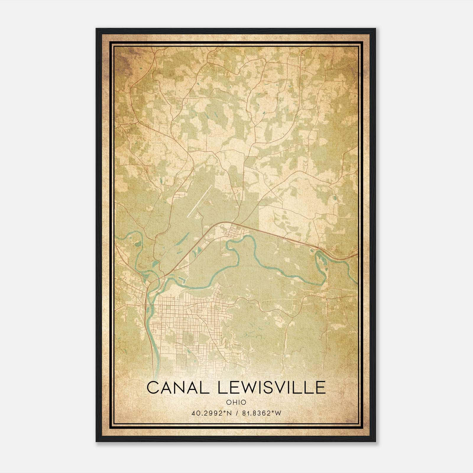 Vintage Canal Lewisville Ohio Map Poster, Canal Lewisville OH City Road ...