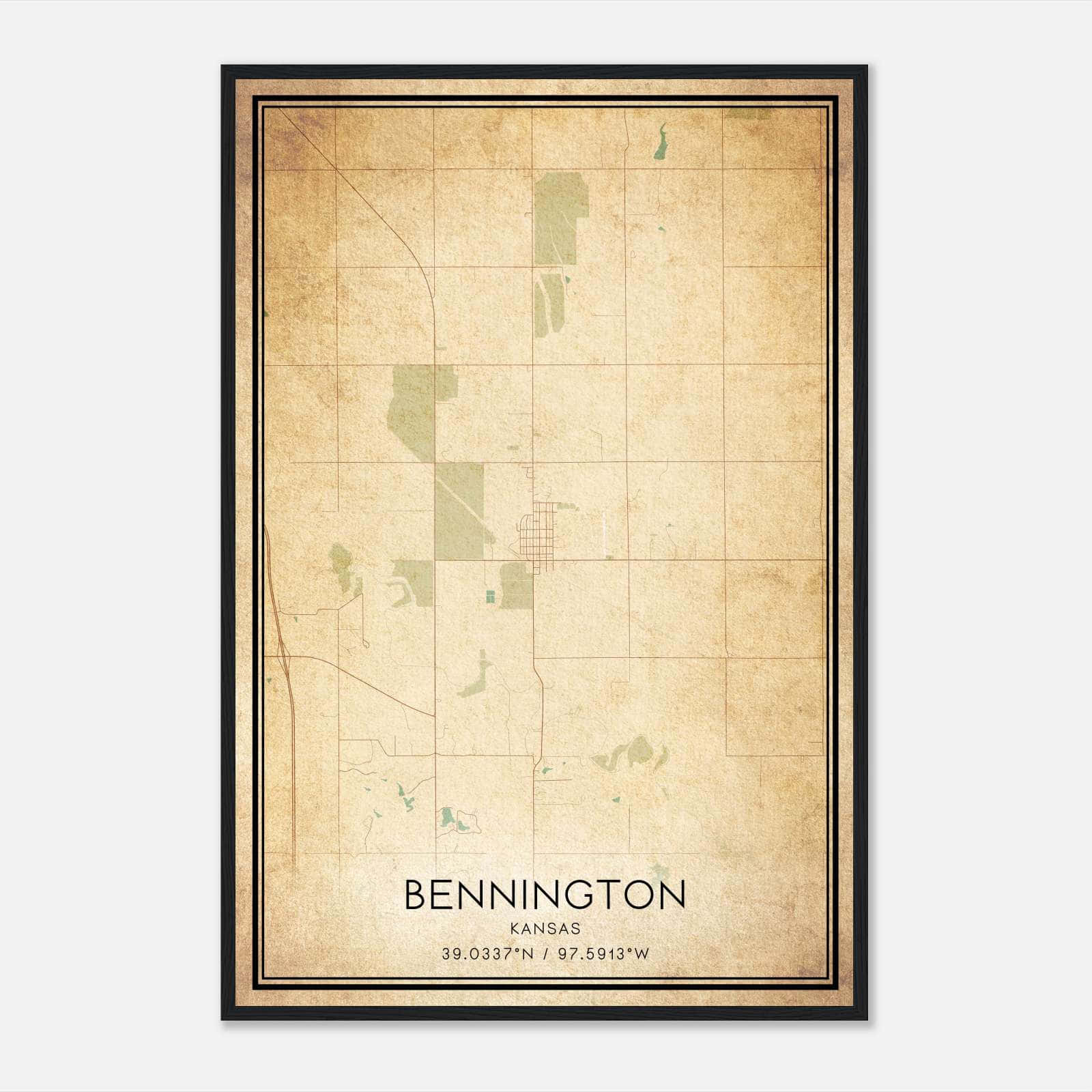 Vintage Bennington Kansas Map Poster, Bennington KS City Road Wall Art ...