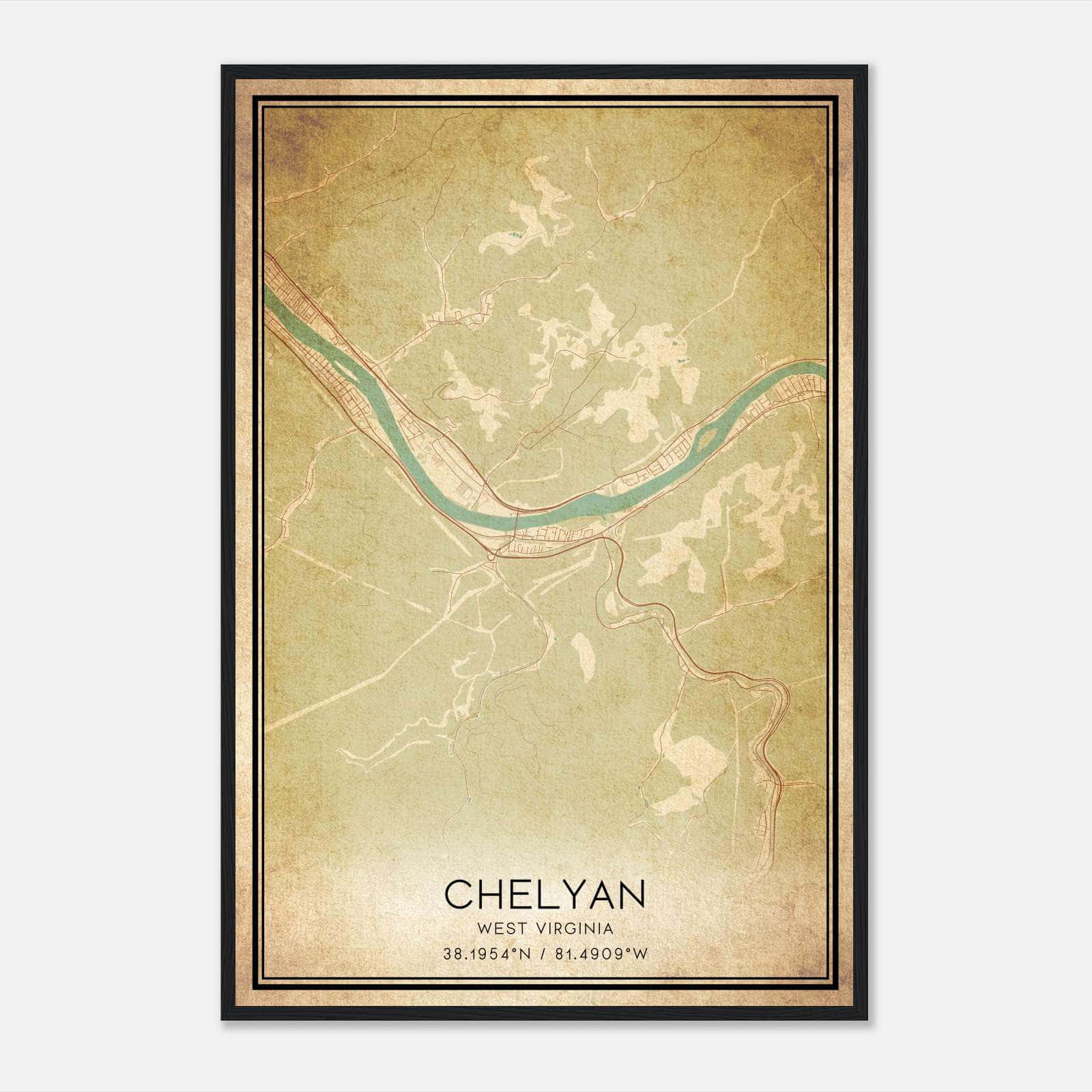 Vintage Chelyan West Virginia Map Poster, Chelyan WV City Road Wall Art ...