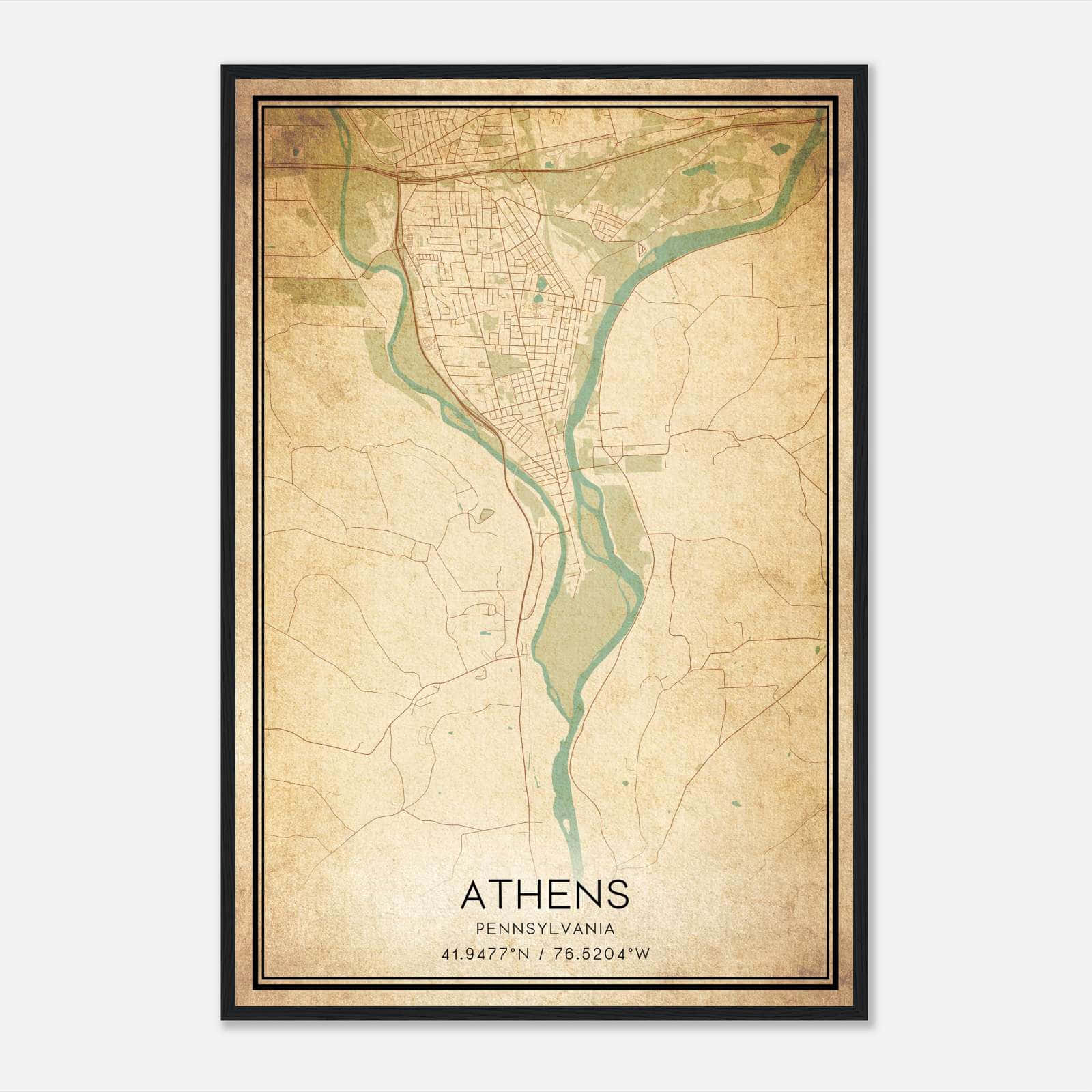 Vintage Athens Pennsylvania Map Poster, Athens PA City Road Wall Art ...