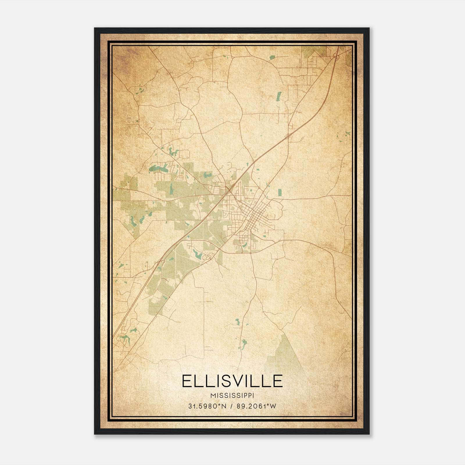 Vintage Ellisville Mississippi Map Poster, Ellisville MS City Road Wall ...