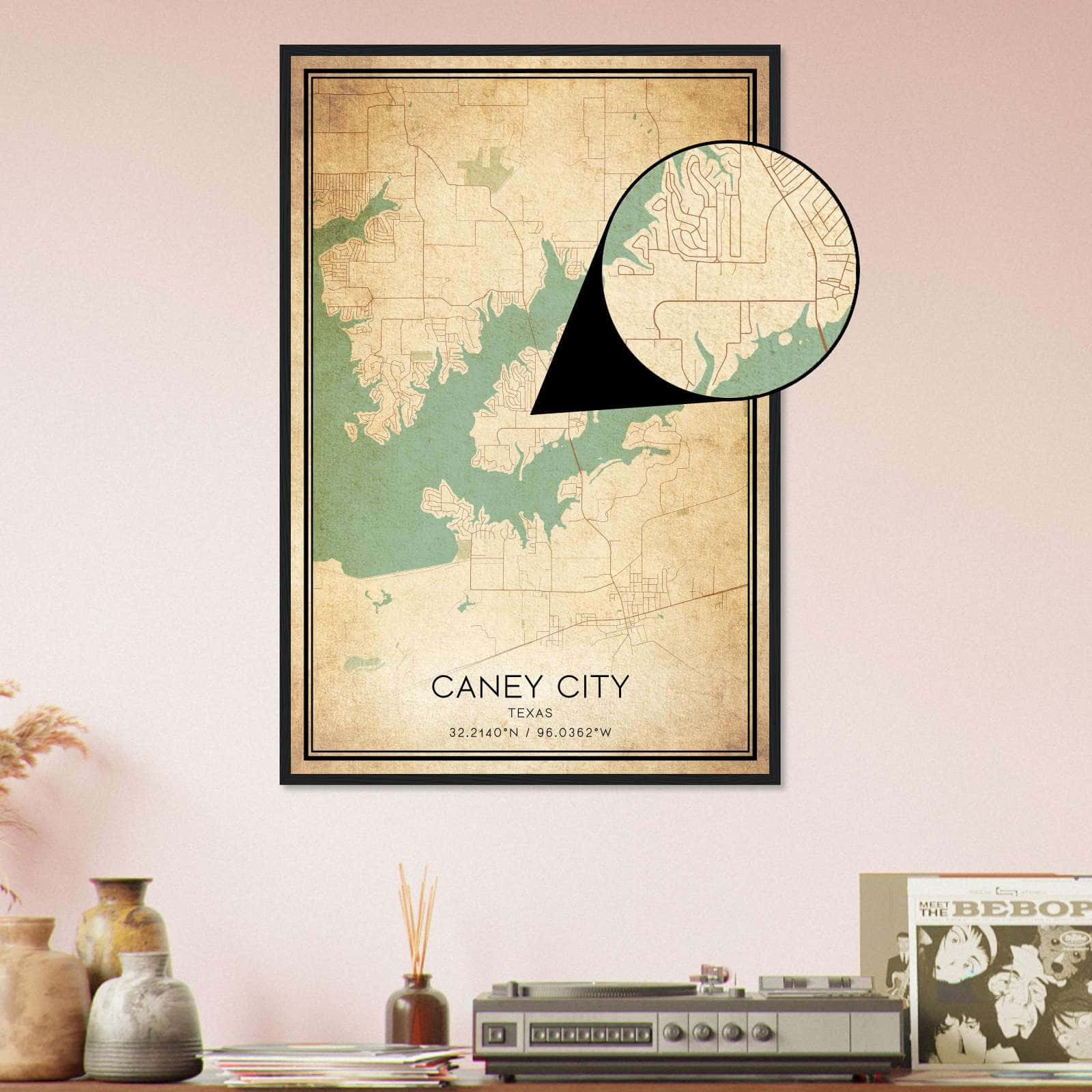 Vintage Caney City Texas Map Poster, Caney City TX City Road Wall Art ...