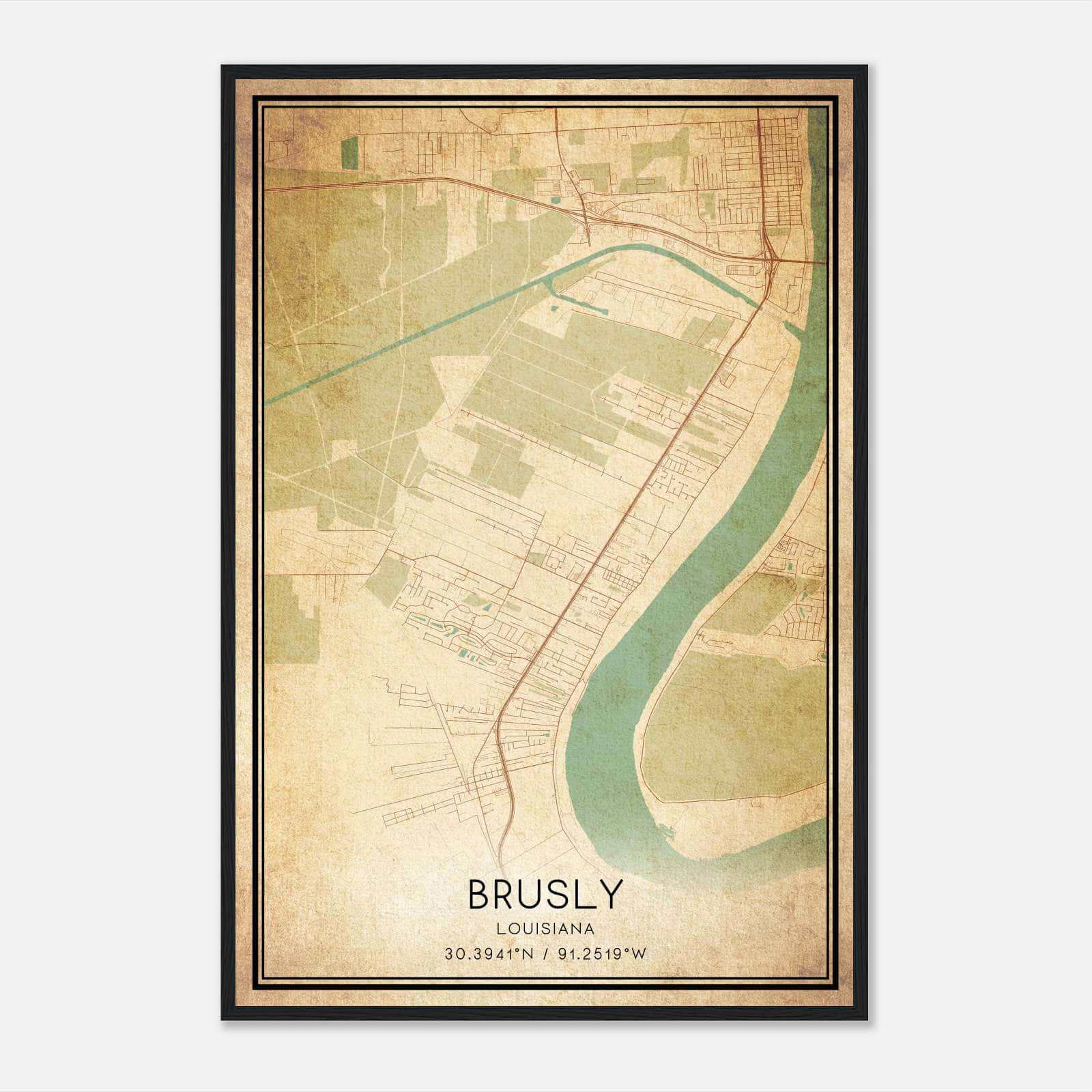 Vintage Brusly Louisiana Map Poster, Brusly LA City Road Wall Art Print ...