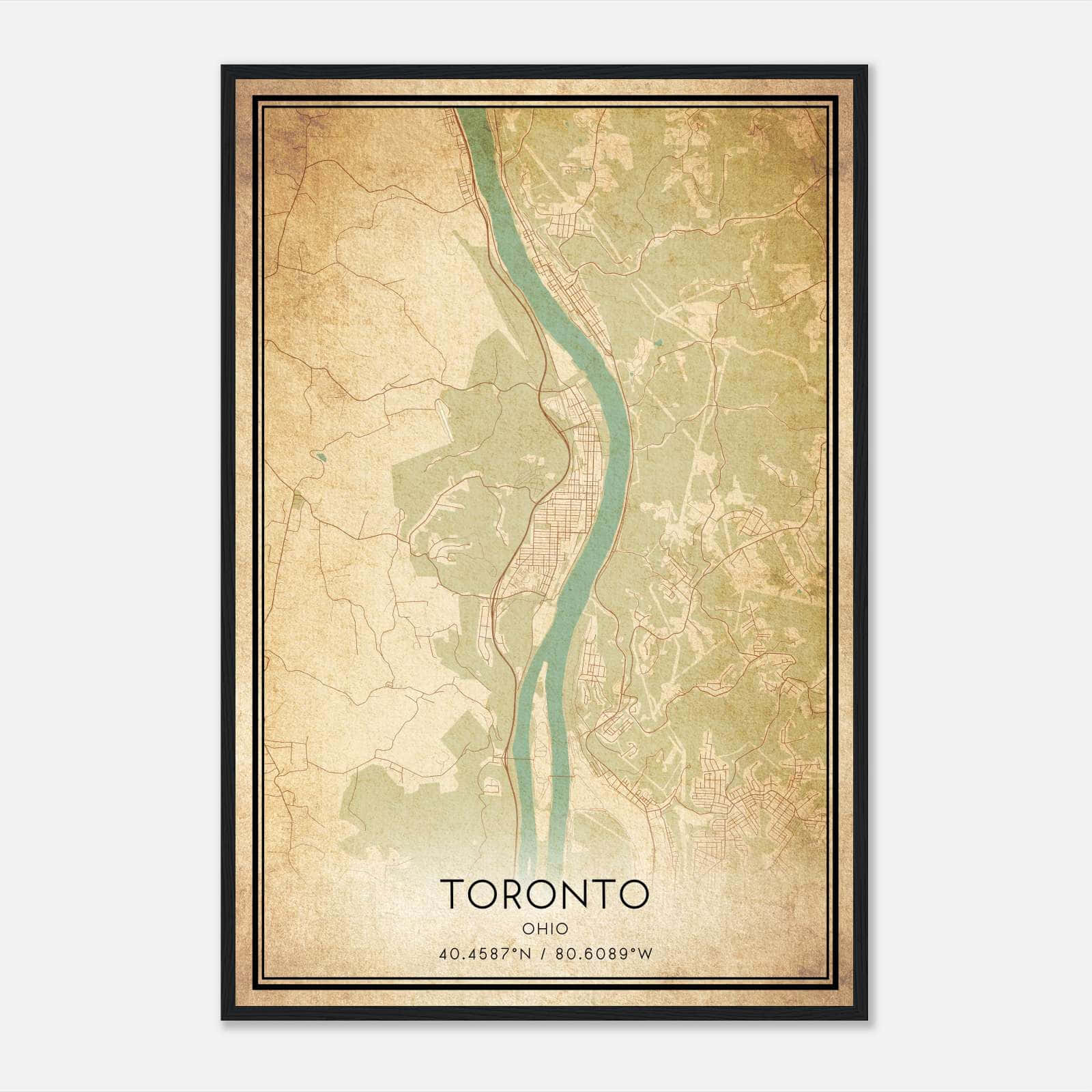 Vintage Toronto Ohio Map Poster, Toronto OH City Road Wall Art Print ...