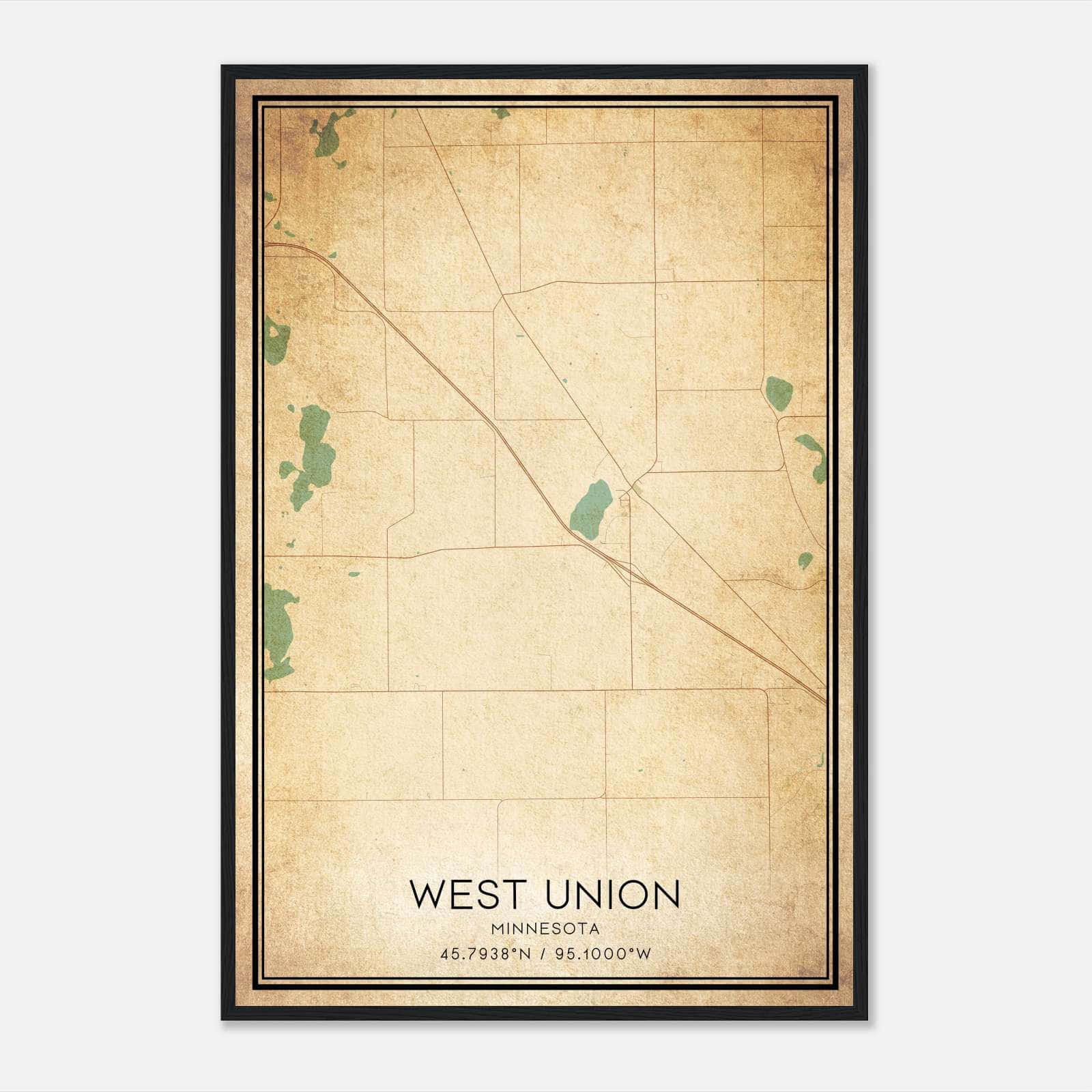 Vintage West Union Minnesota Map Poster, West Union MN City Road Wall ...