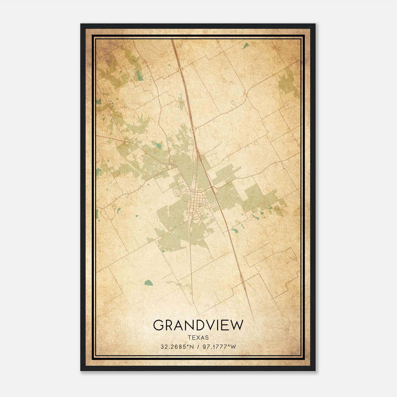 Vintage Grandview Texas Map Poster, Grandview TX City Road Wall Art ...