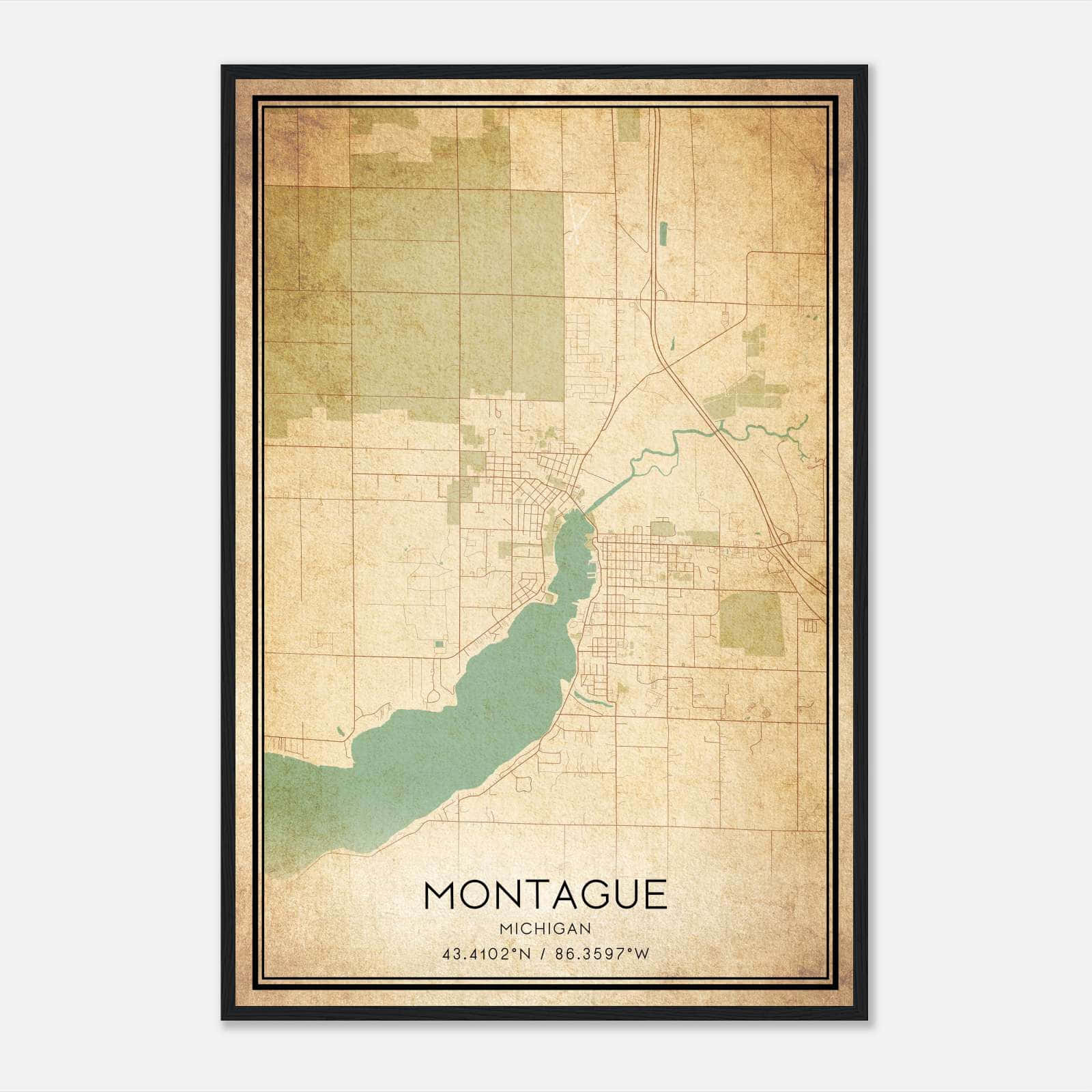 Vintage Montague Michigan Map Poster, Montague MI City Road Wall Art ...