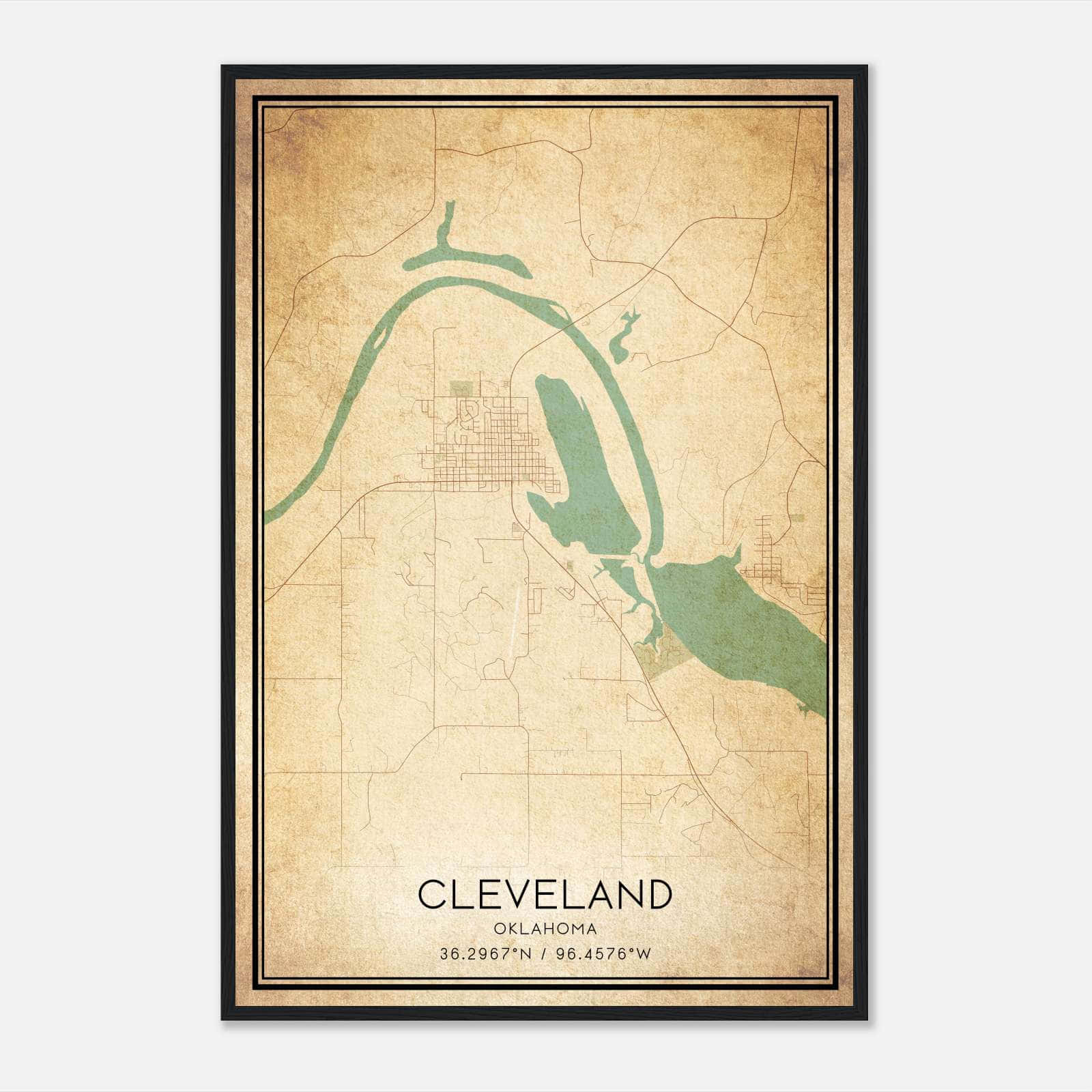 Vintage Cleveland Oklahoma Map Poster, Cleveland OK City Road Wall Art ...