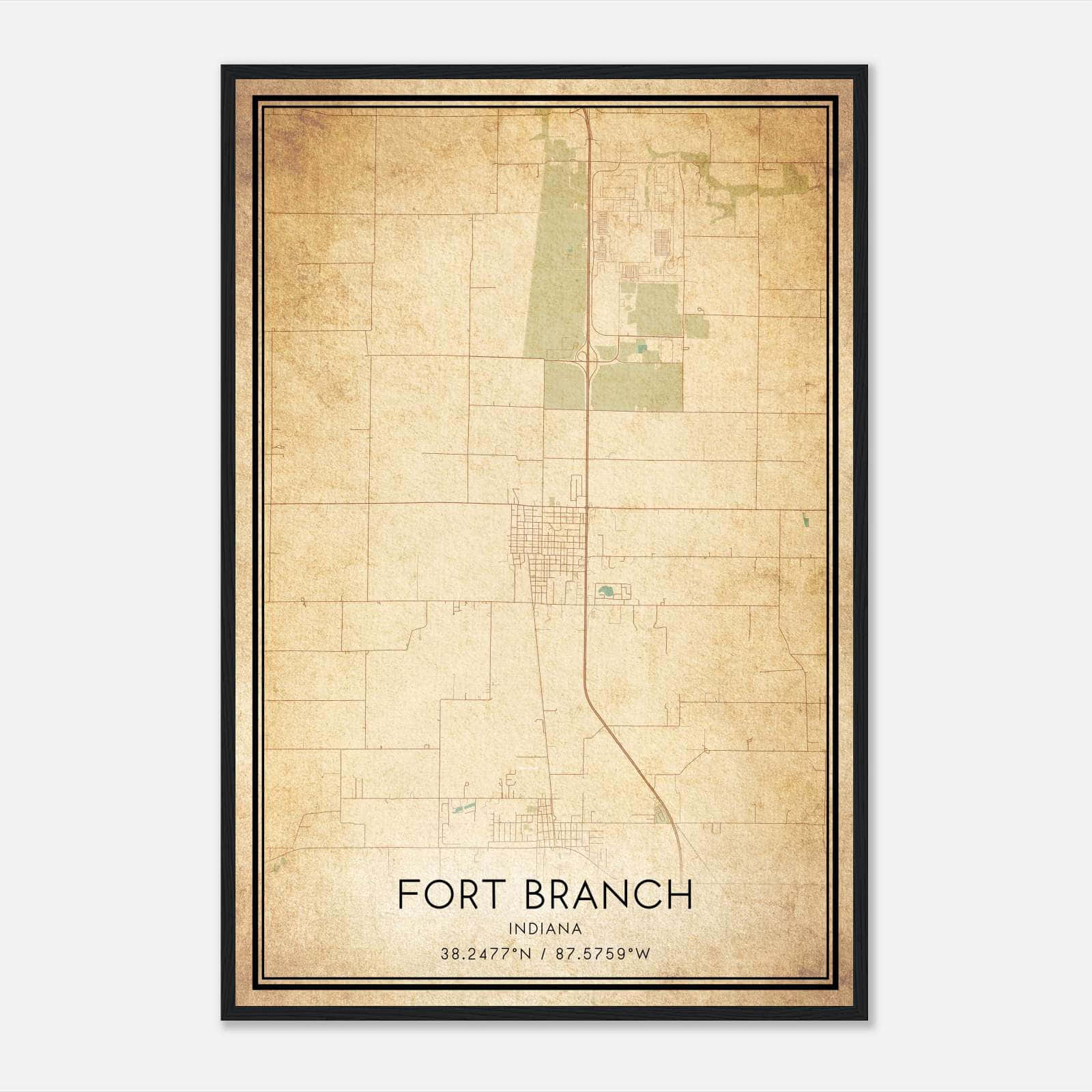 Vintage Fort Branch Indiana Map Poster, Fort Branch IN City Road Wall ...