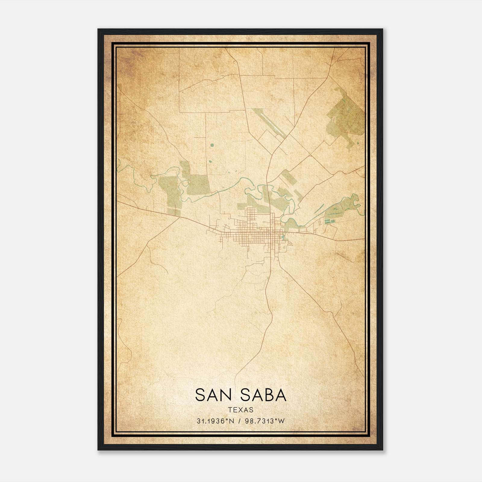 Vintage San Saba Texas Map Poster, San Saba TX City Road Wall Art Print ...