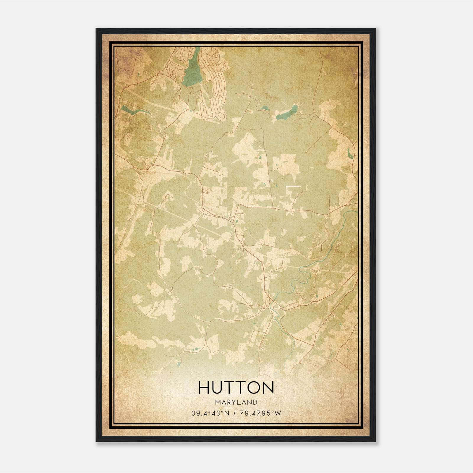 Vintage Hutton Maryland Map Poster, Hutton MD City Road Wall Art Print ...