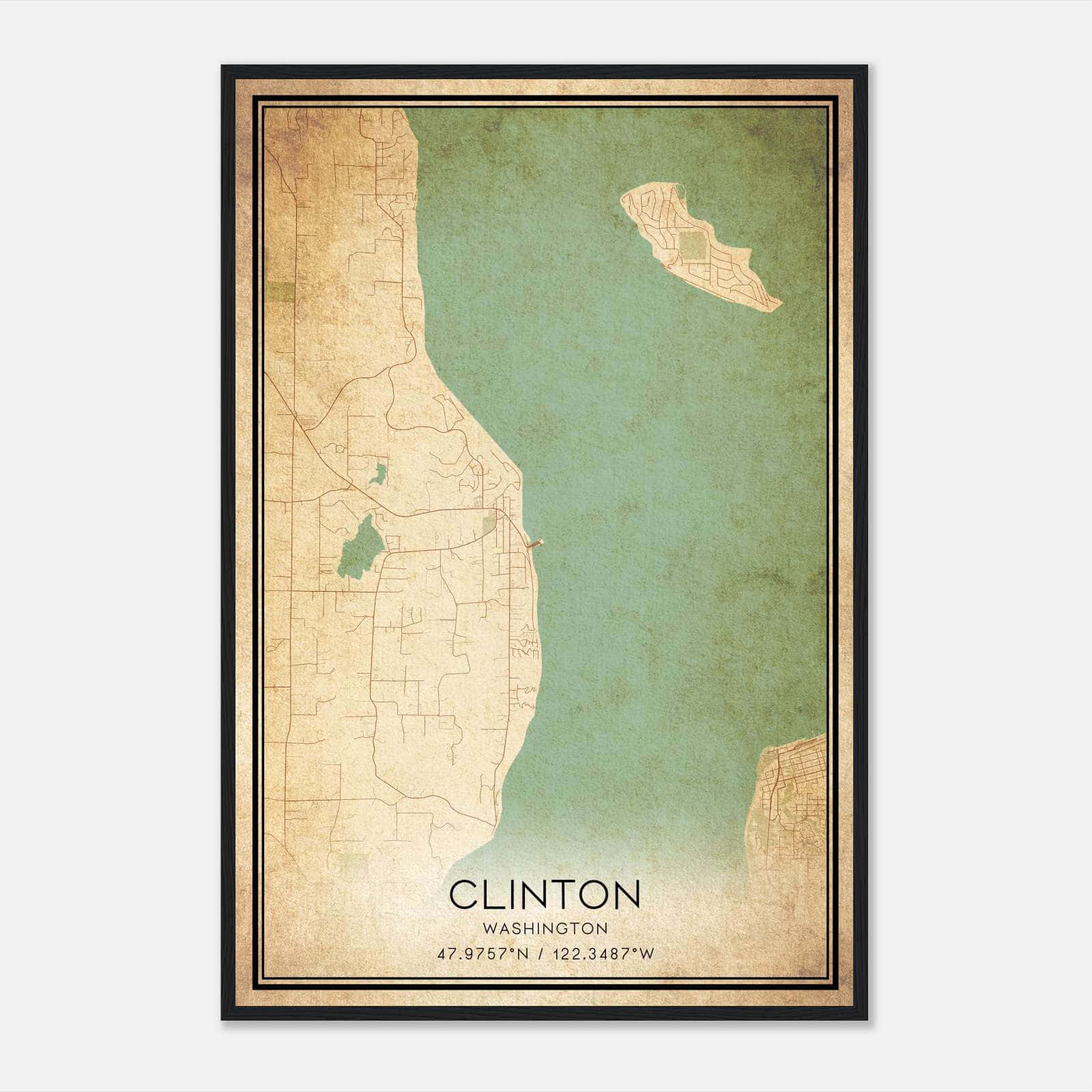 Vintage Clinton Washington Map Poster, Clinton WA City Road Wall Art ...