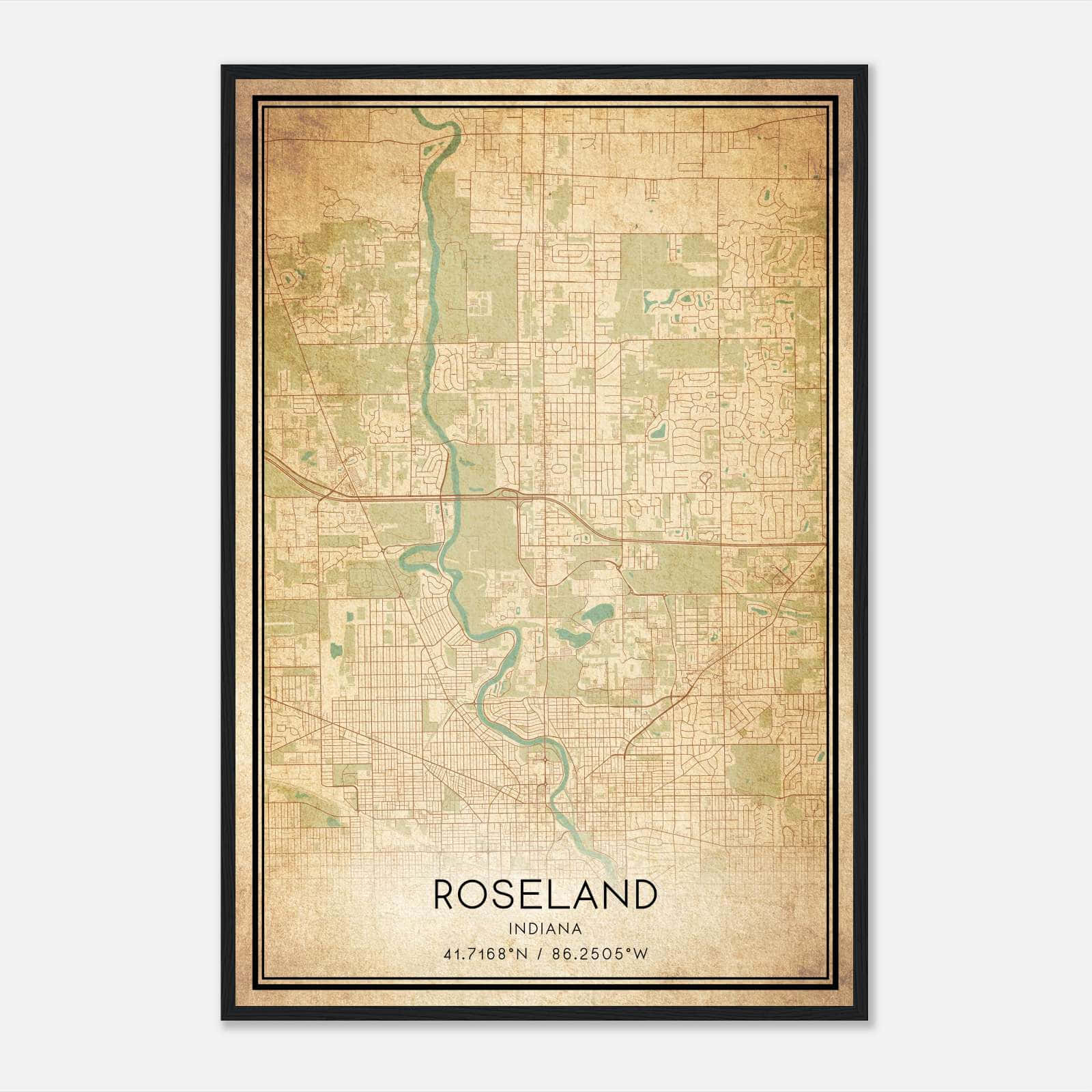 Vintage Roseland Indiana Map Poster, Roseland IN City Road Wall Art ...