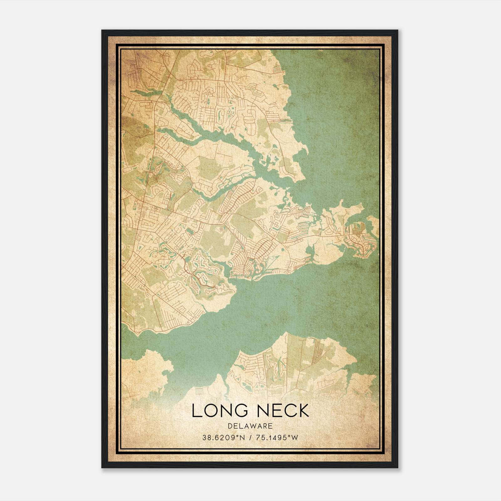Vintage Long Neck Delaware Map Poster, Long Neck DE City Road Wall Art ...