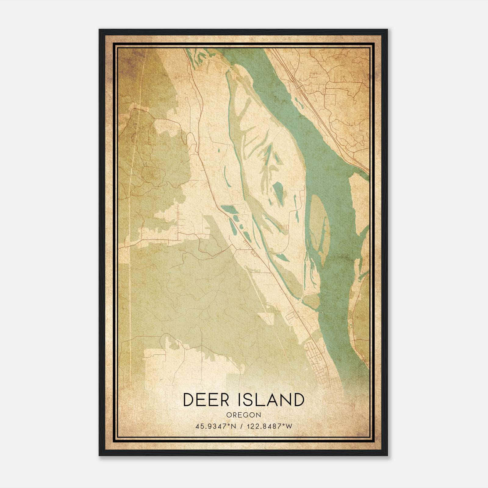 Vintage Deer Island Oregon Map Poster, Deer Island OR City Road Wall ...