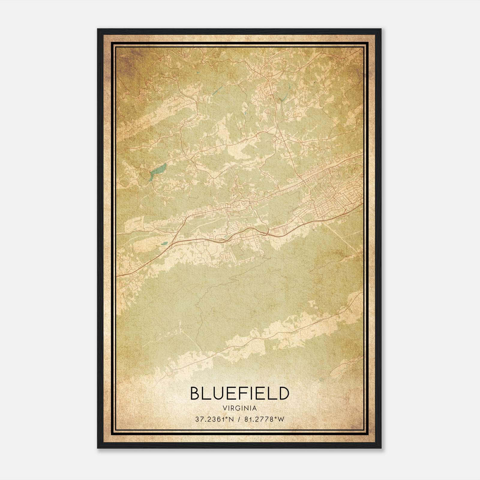 Vintage Bluefield Virginia Map Poster, Bluefield VA City Road Wall Art ...