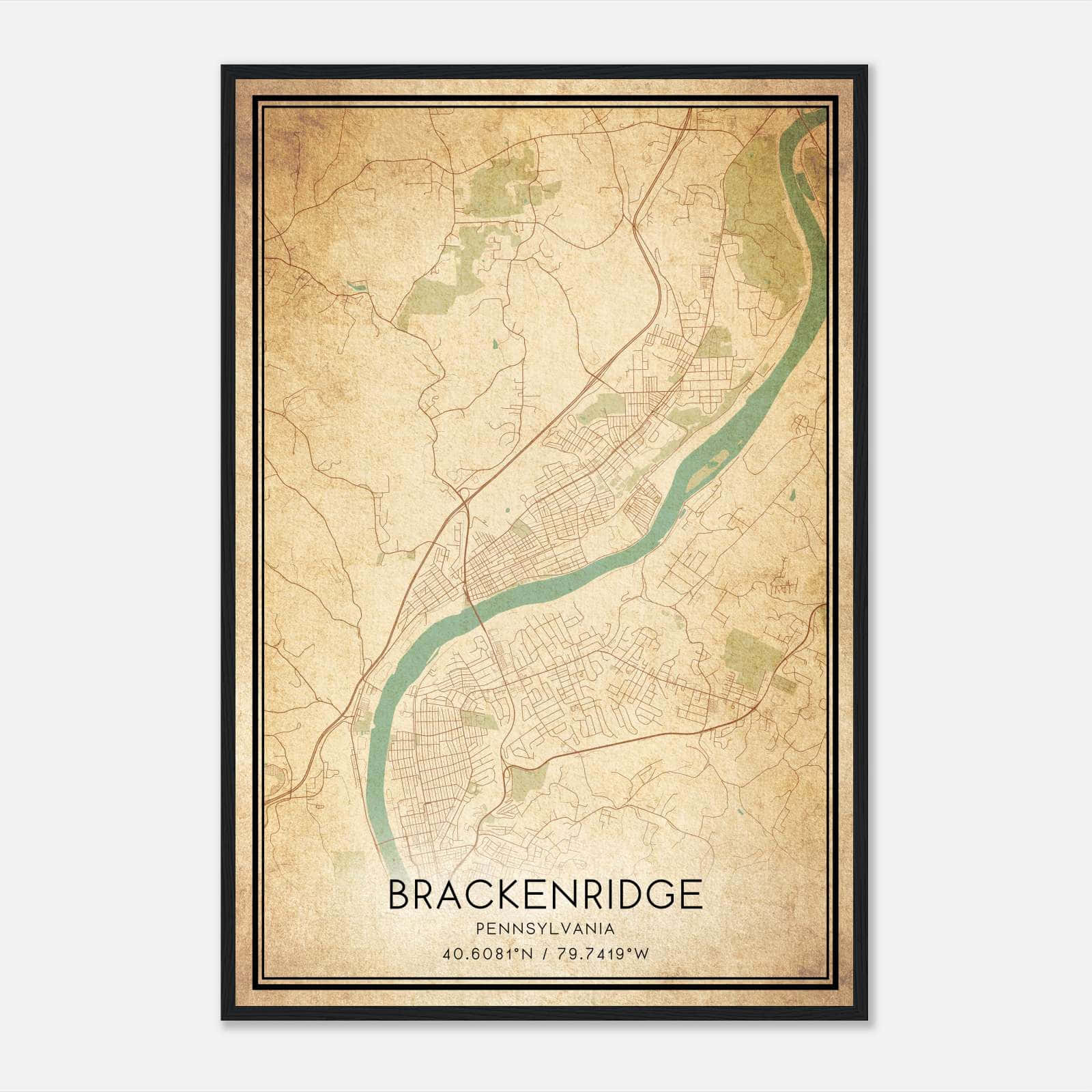 Vintage Brackenridge Pennsylvania Map Poster, Brackenridge PA City Road ...