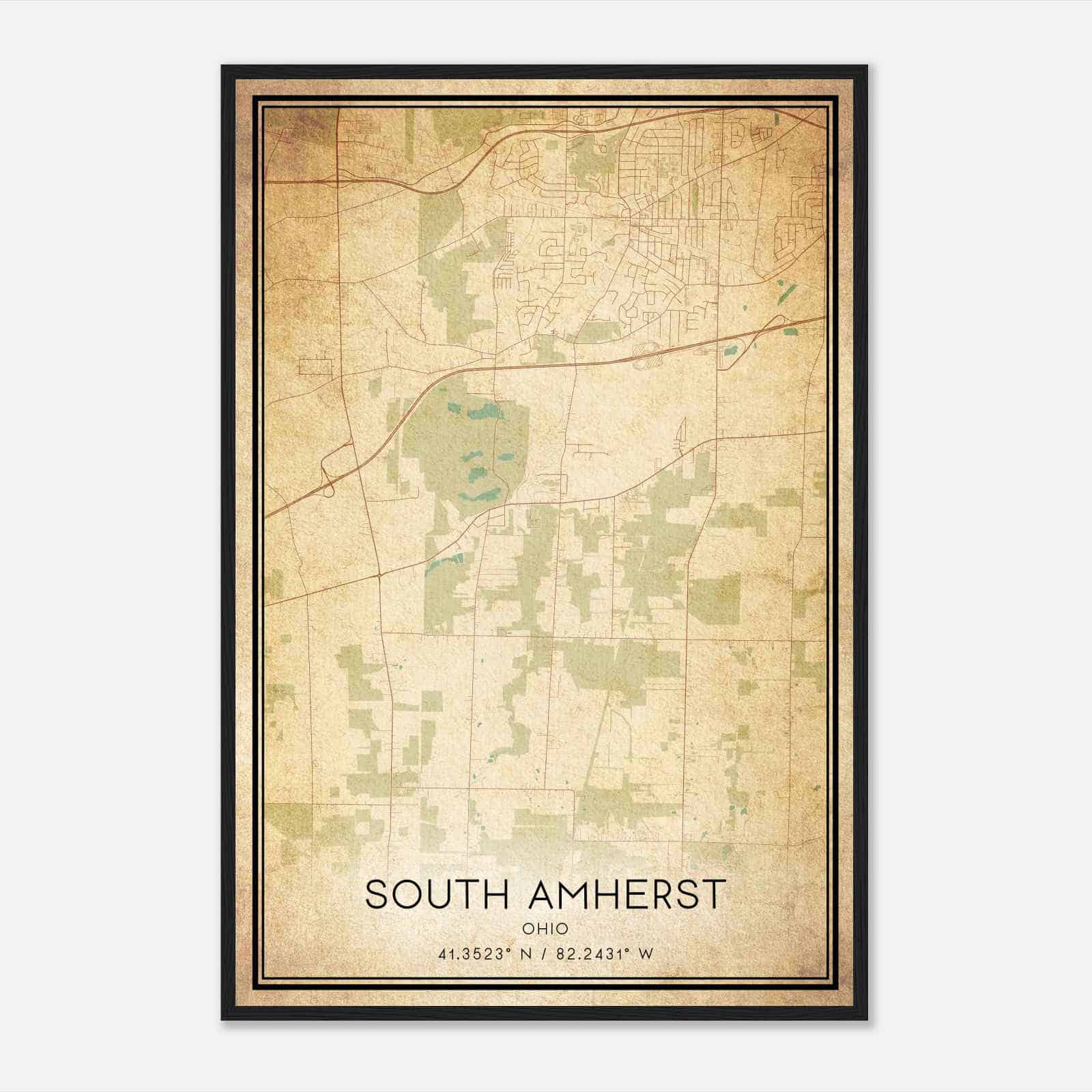 Vintage South Amherst Ohio Map Poster, South Amherst OH City Road Wall ...