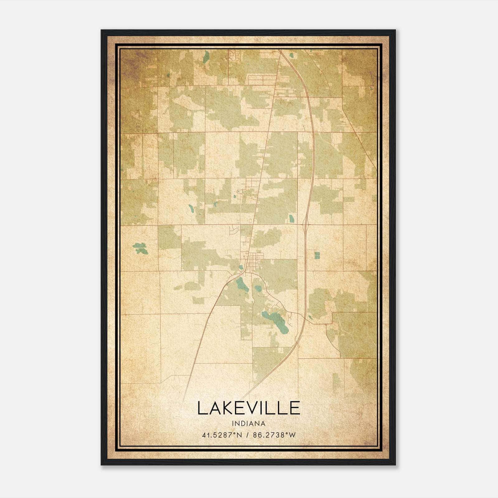 Vintage Lakeville Indiana Map Poster, Lakeville IN City Road Wall Art Print - Custom Maps & Posters