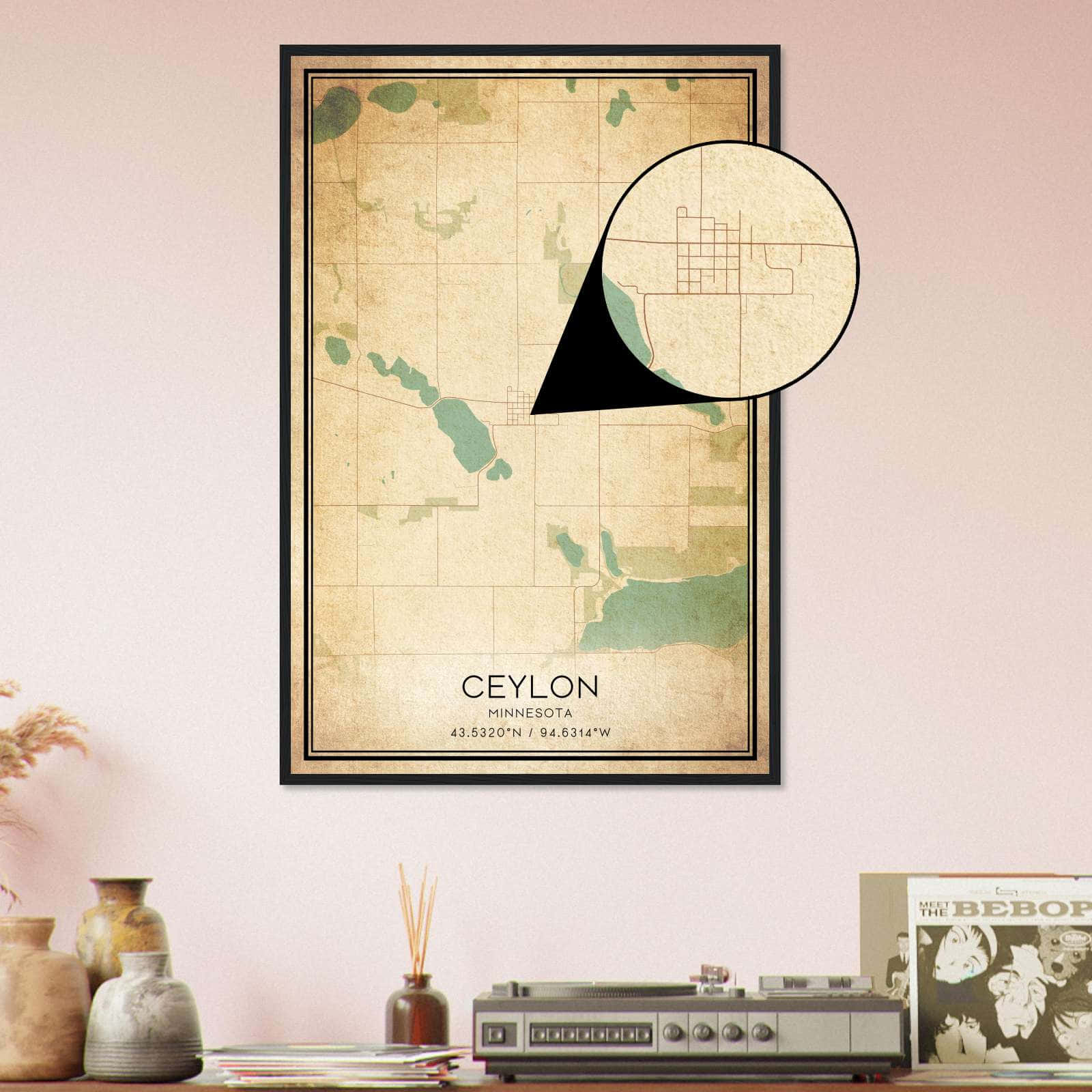 Vintage Ceylon Minnesota Map Poster, Ceylon MN City Road Wall Art Print ...