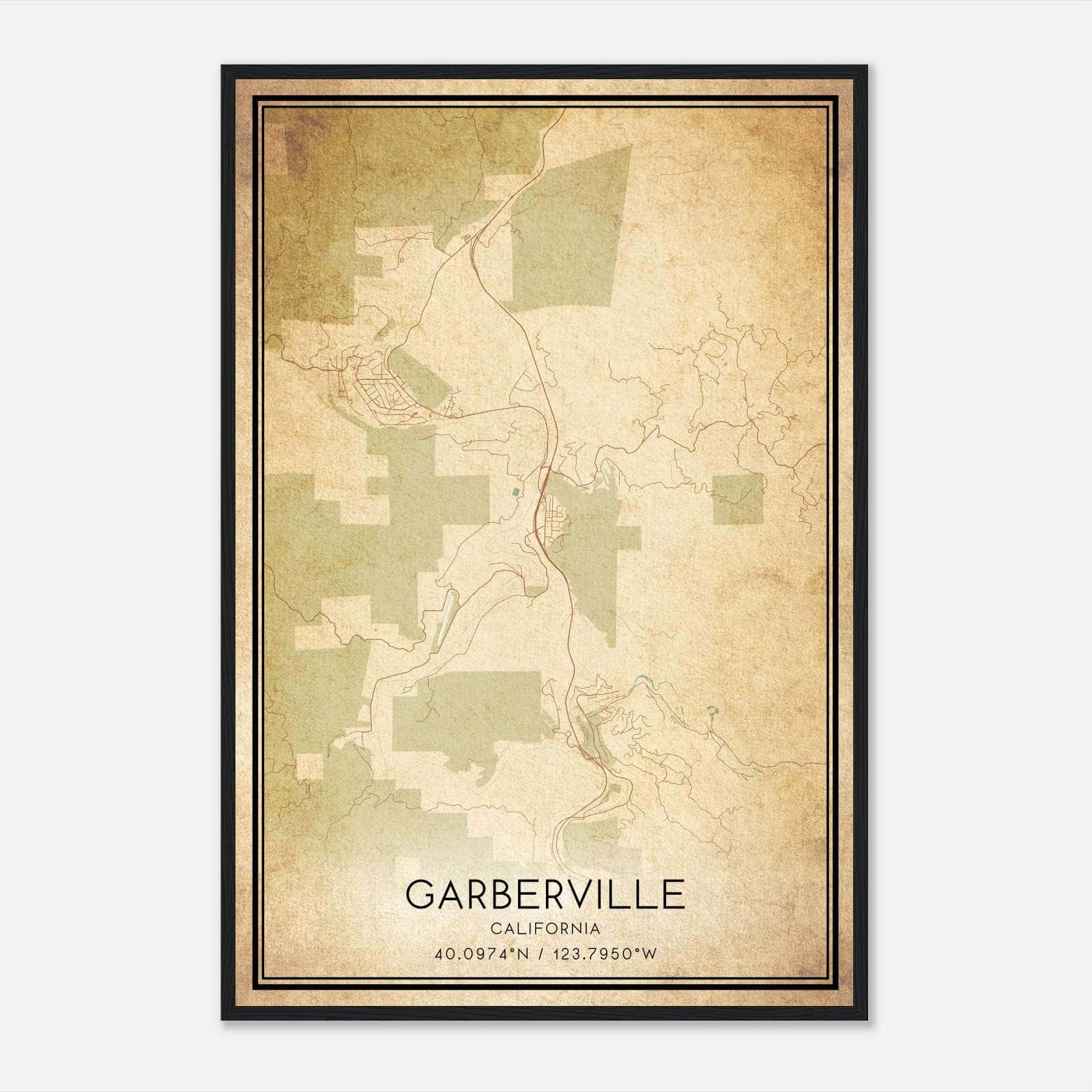 Vintage Garberville California Map Poster, Garberville CA City Road ...