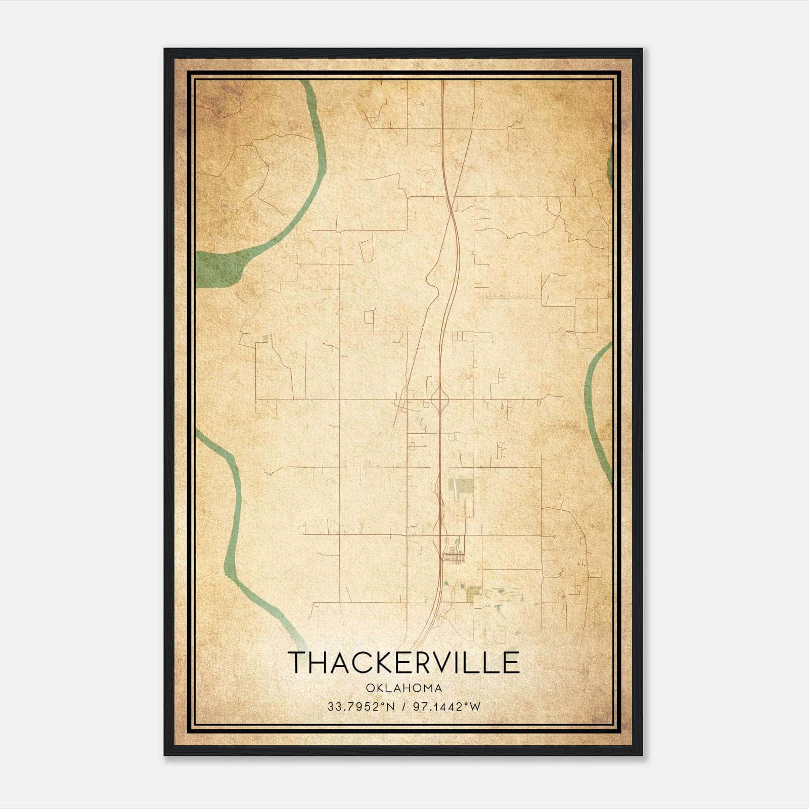 Vintage Thackerville Oklahoma Map Poster, Thackerville OK City Road ...