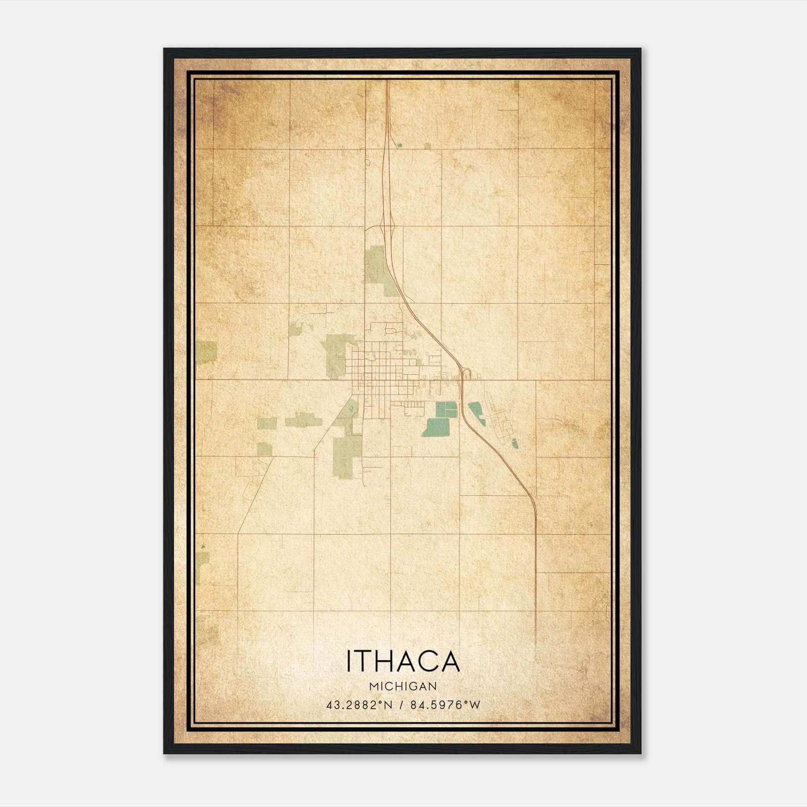 Vintage Ithaca Michigan Map Poster, Ithaca MI City Road Wall Art Print ...