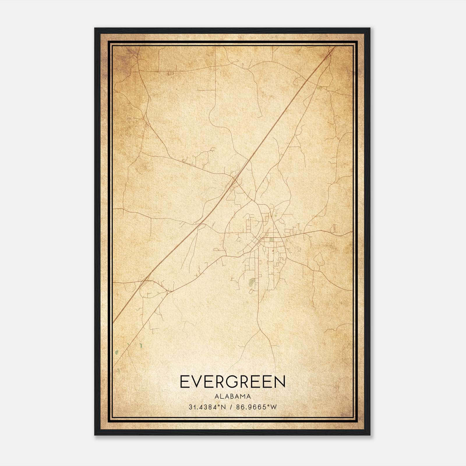 Vintage Evergreen Alabama Map Poster, Evergreen AL City Road Wall Art ...