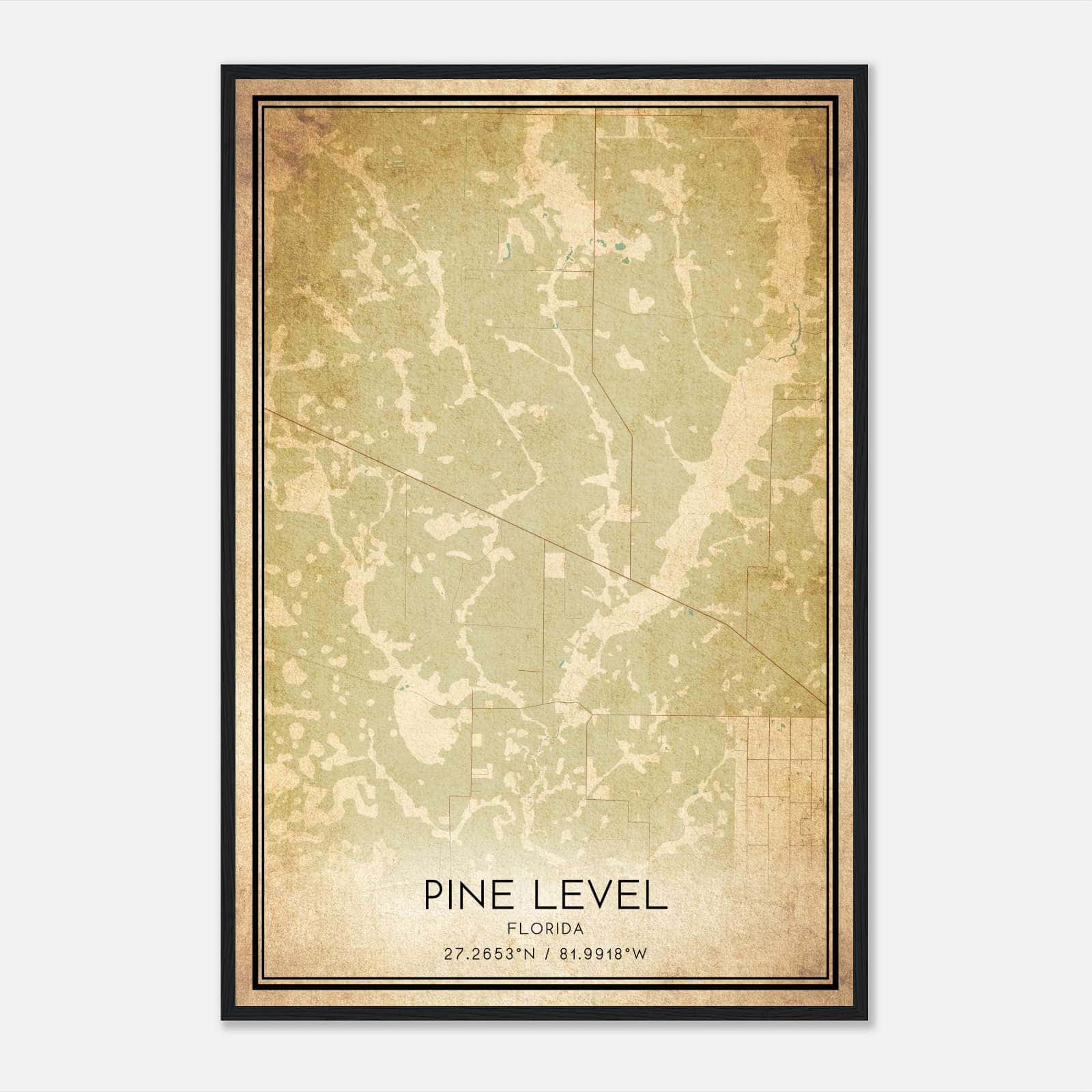 Vintage Pine Level Florida Map Poster, Pine Level FL City Road Wall Art ...
