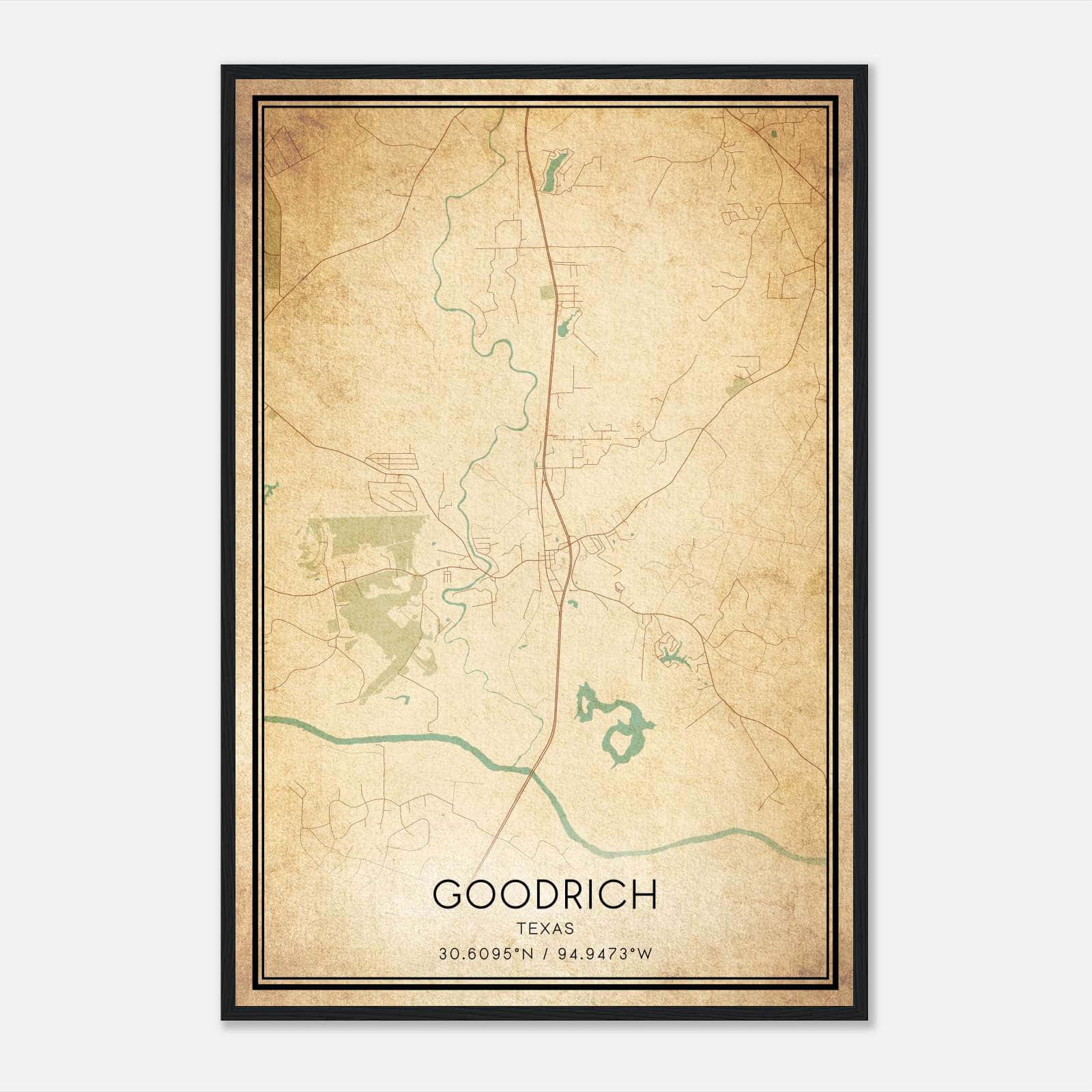 Vintage Goodrich Texas Map Poster, Goodrich TX City Road Wall Art Print ...