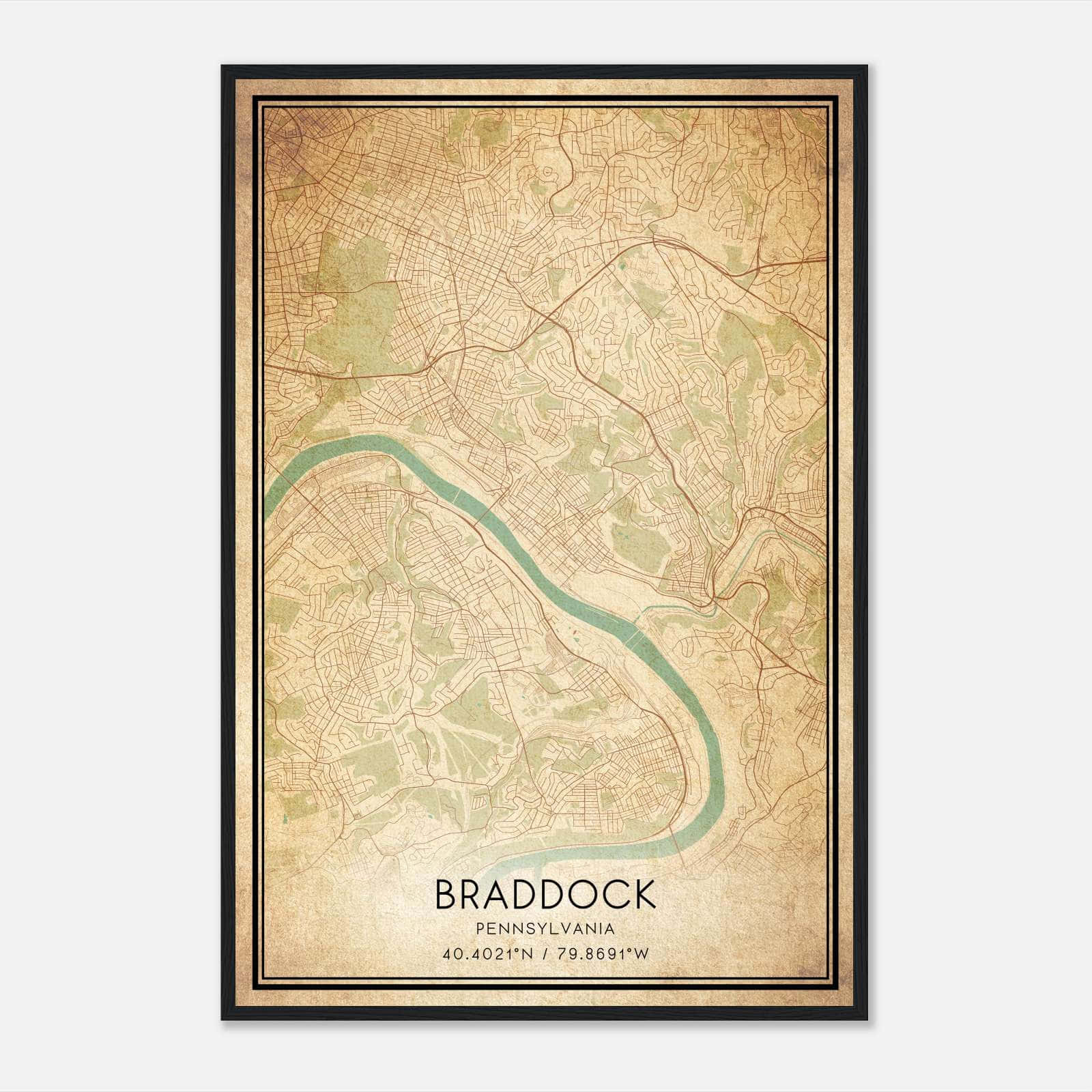 Vintage Braddock Pennsylvania Map Poster, Braddock PA City Road Wall ...