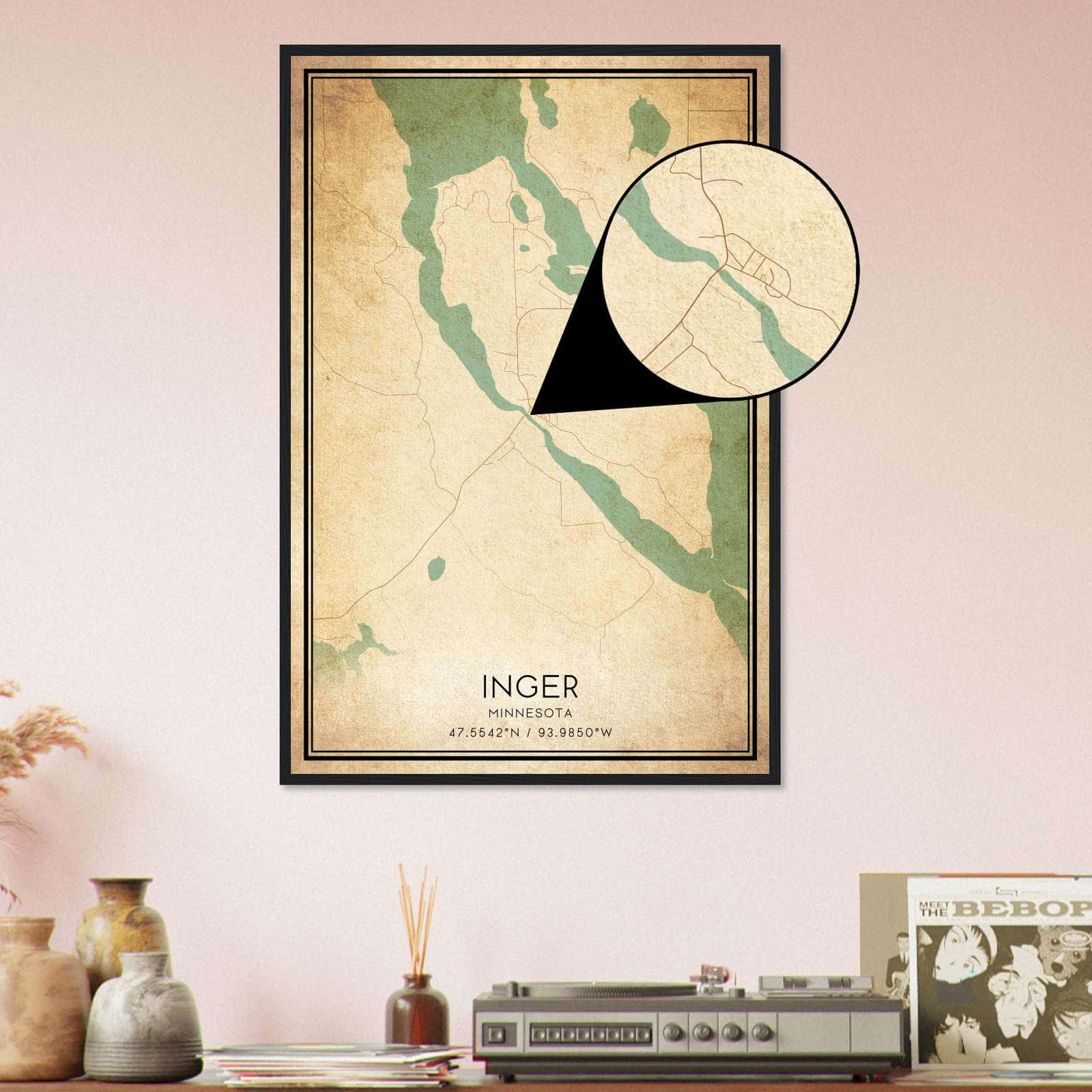 Vintage Inger Minnesota Map Poster, Inger MN City Road Wall Art Print ...