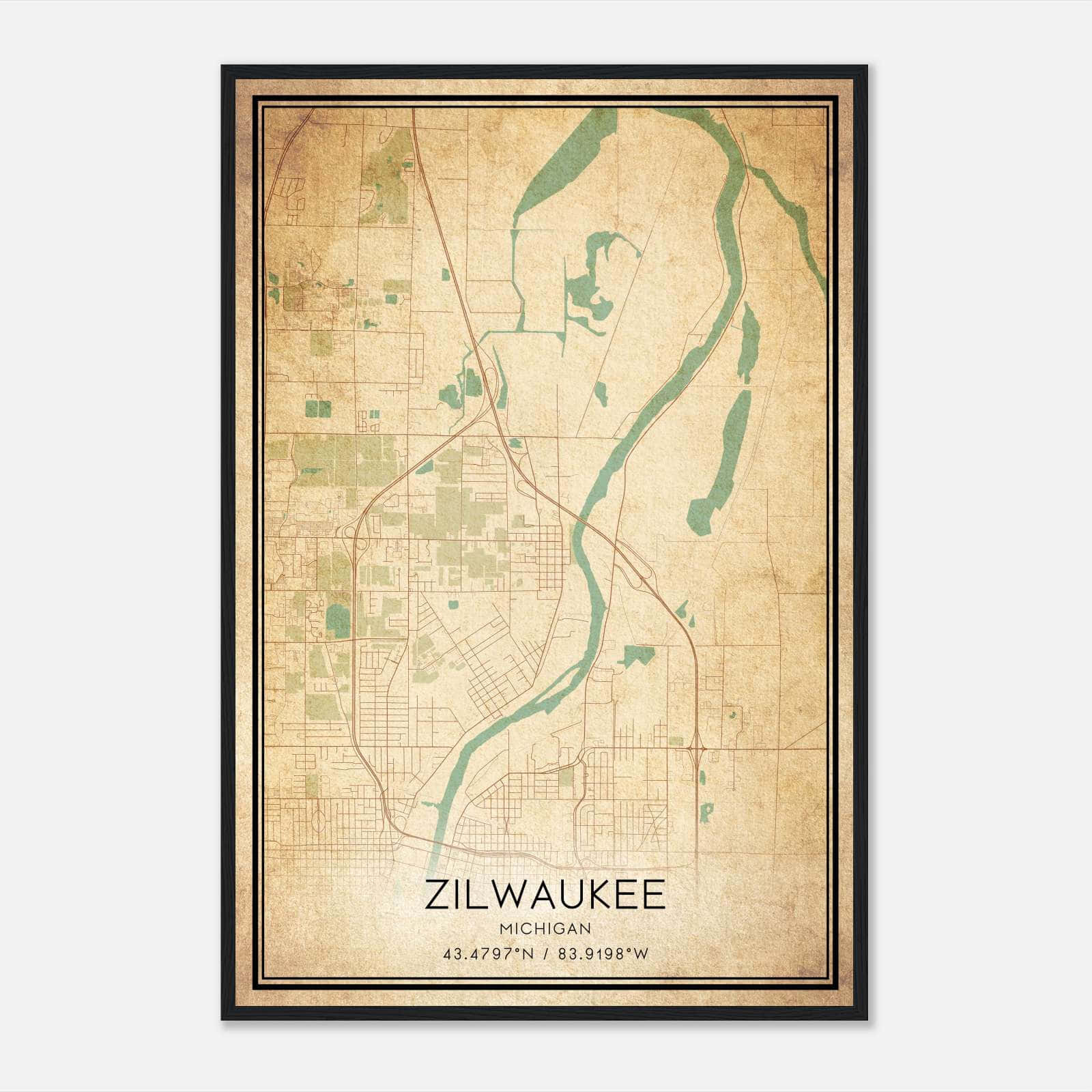 Vintage Zilwaukee Michigan Map Poster, Zilwaukee MI City Road Wall Art ...