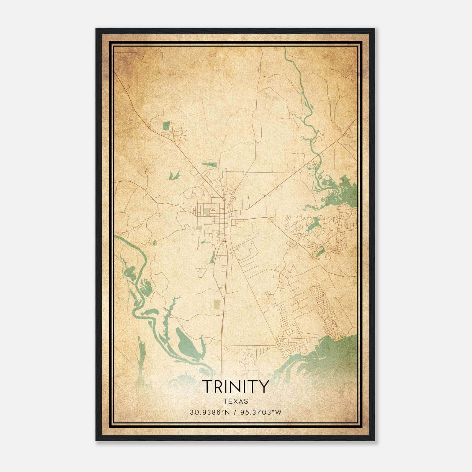 Vintage Trinity Texas Map Poster, Trinity TX City Road Wall Art Print ...