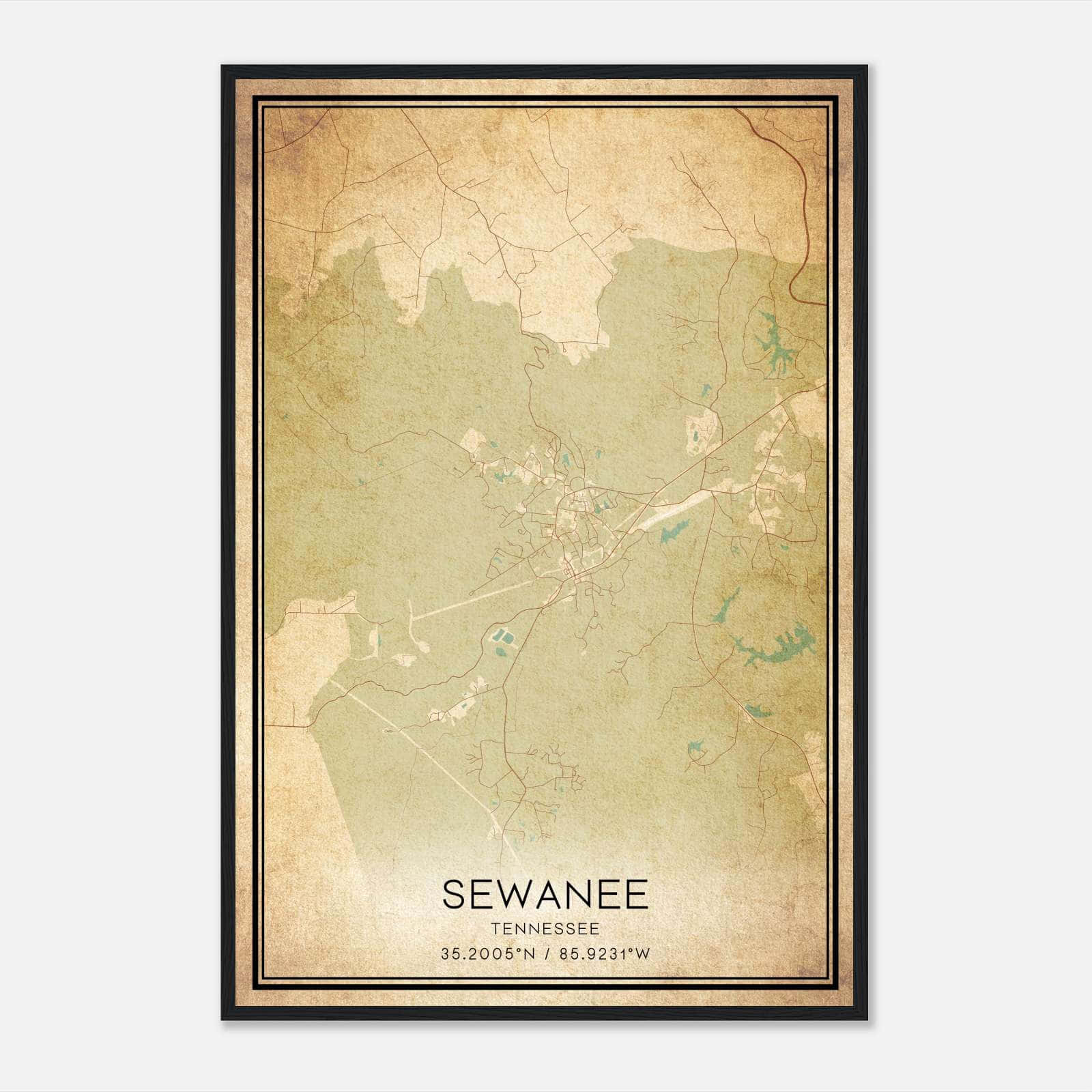 Vintage Sewanee Tennessee Map Poster, Sewanee TN City Road Wall Art ...