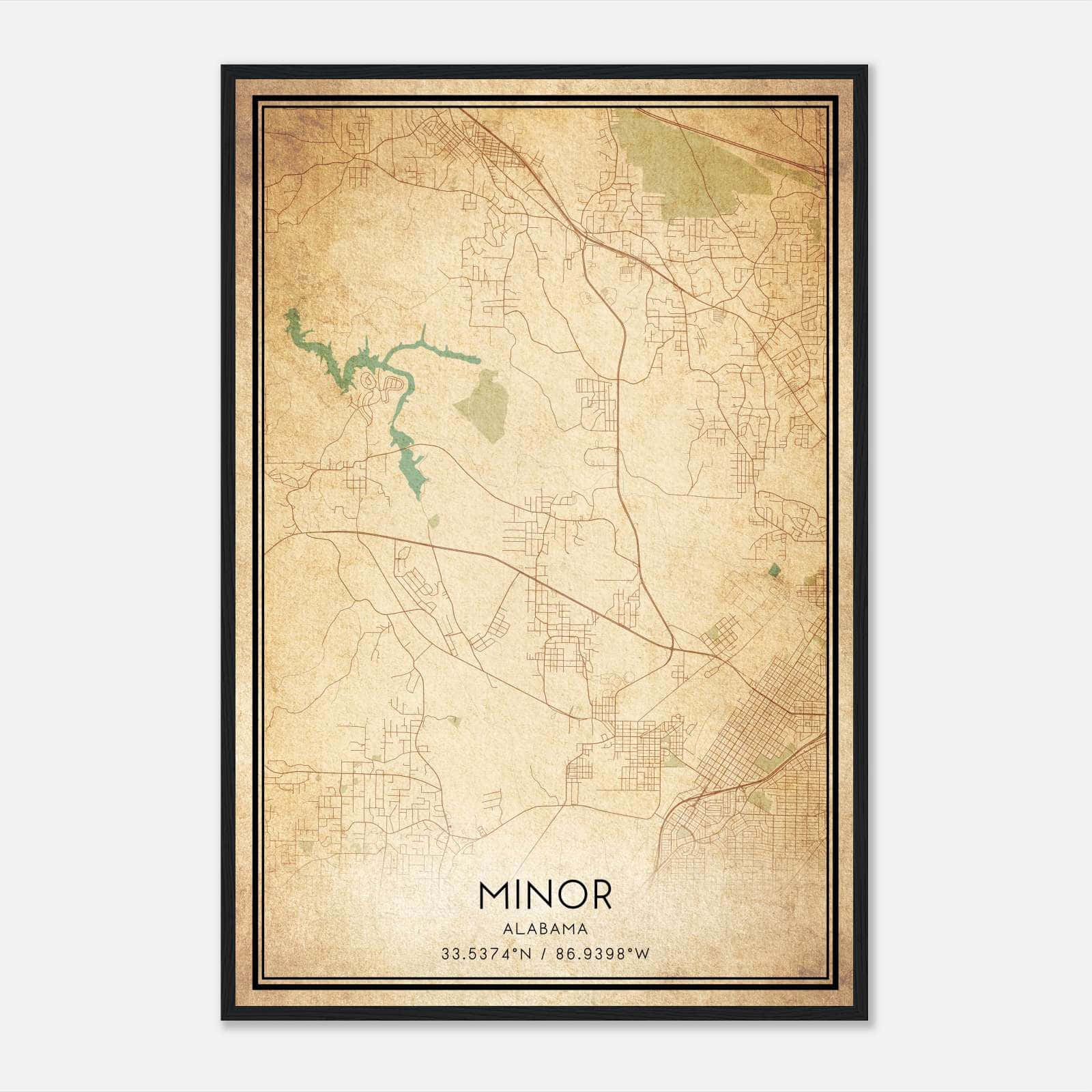 Vintage Minor Alabama Map Poster, Minor AL City Road Wall Art Print ...