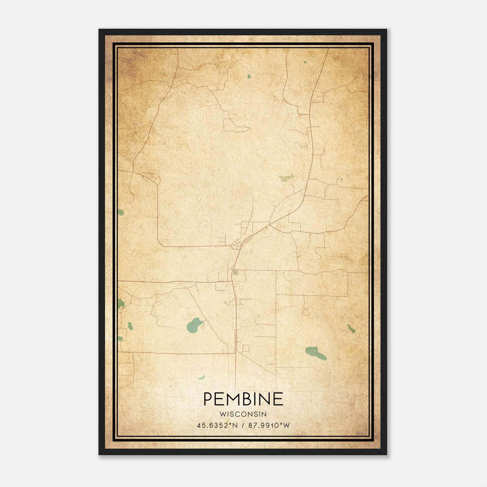 Vintage Pembine Wisconsin Map Poster, Pembine WI City Road Wall Art ...