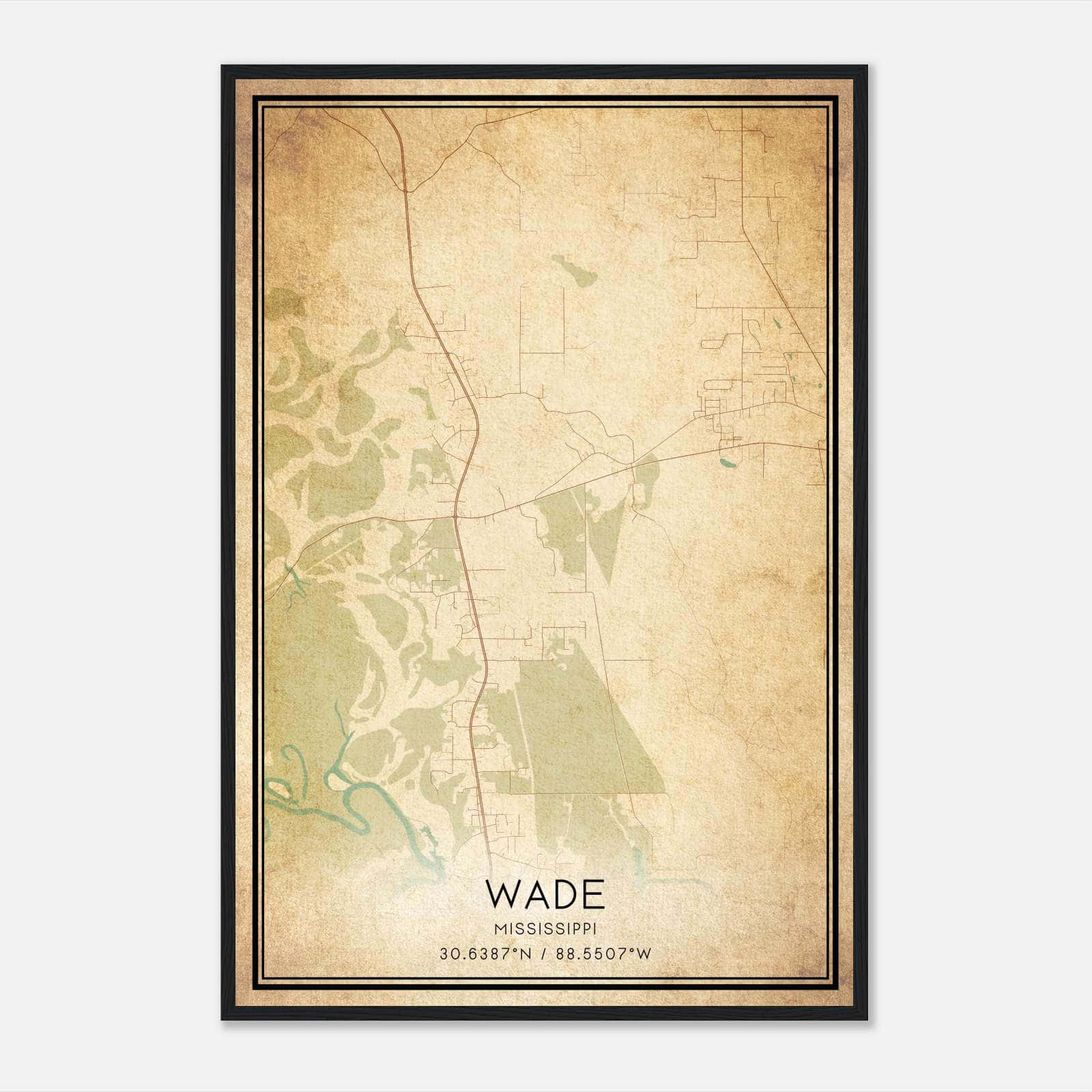 Vintage Wade Mississippi Map Poster, Wade MS City Road Wall Art Print ...