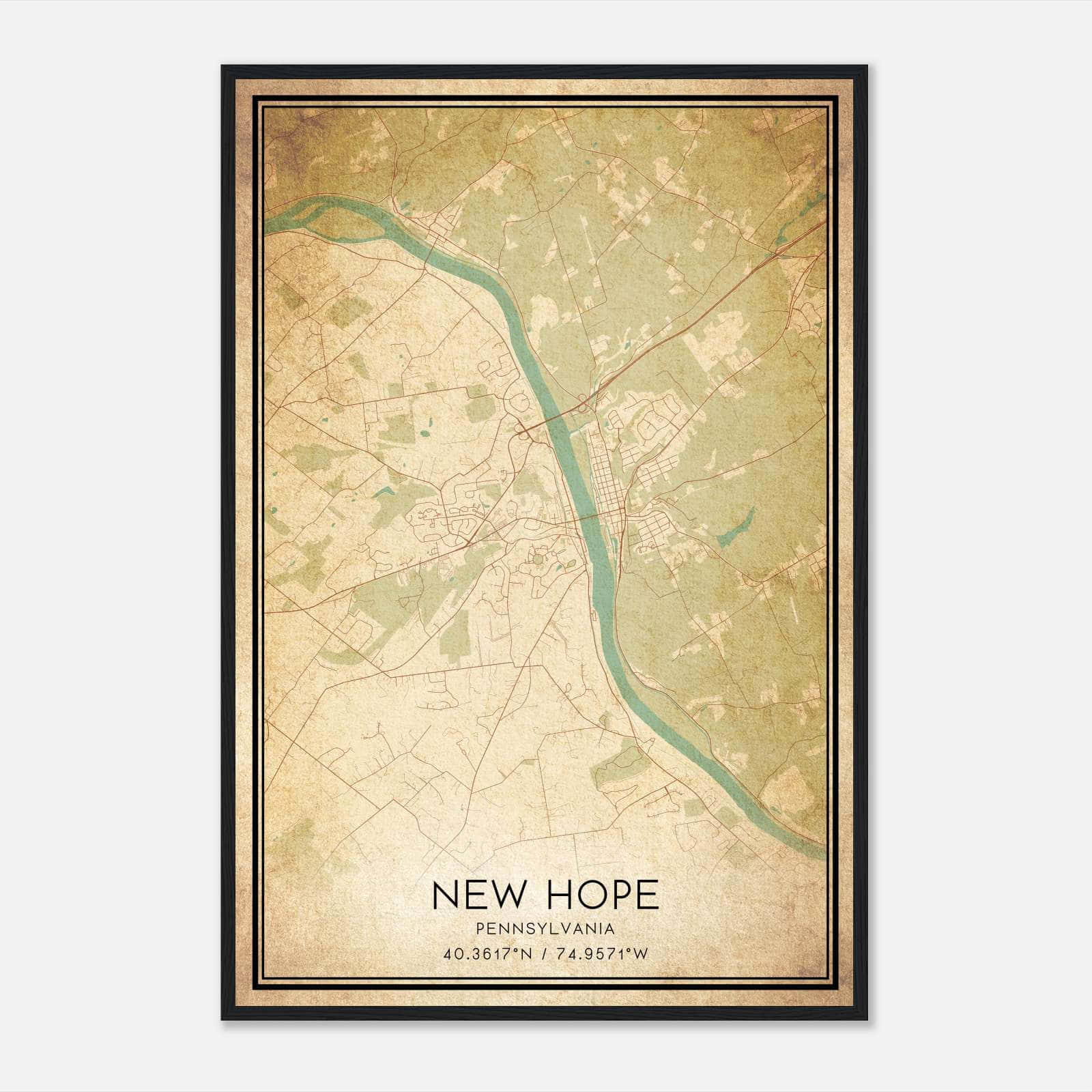 Vintage New Hope Pennsylvania Map Poster, New Hope PA City Road Wall ...