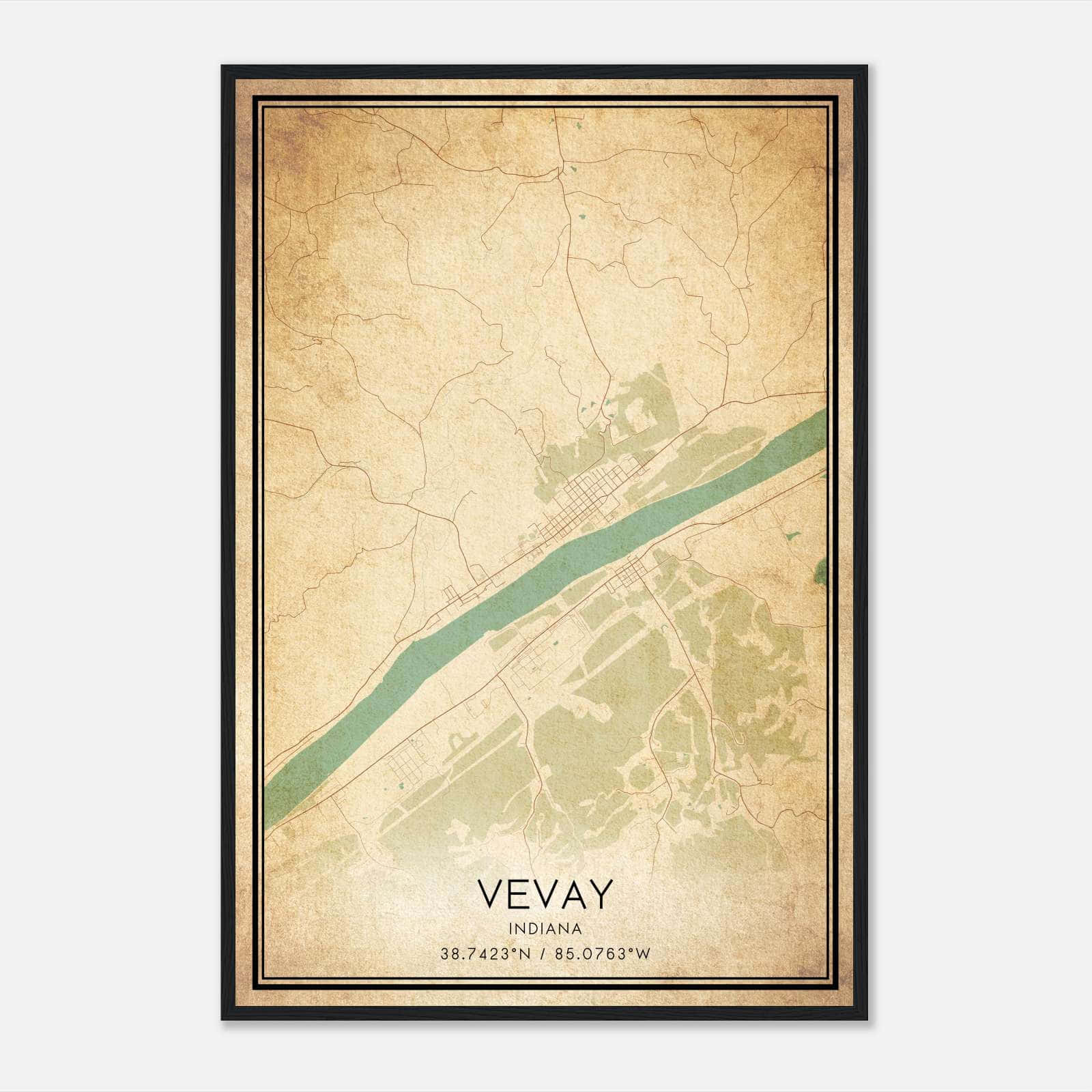 Vintage Vevay Indiana Map Poster, Vevay IN City Road Wall Art Print ...