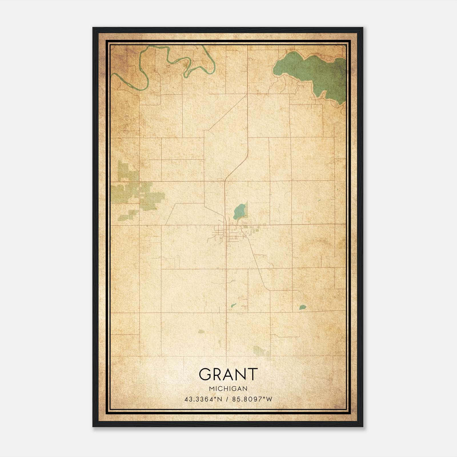 Vintage Grant Michigan Map Poster, Grant MI City Road Wall Art Print ...