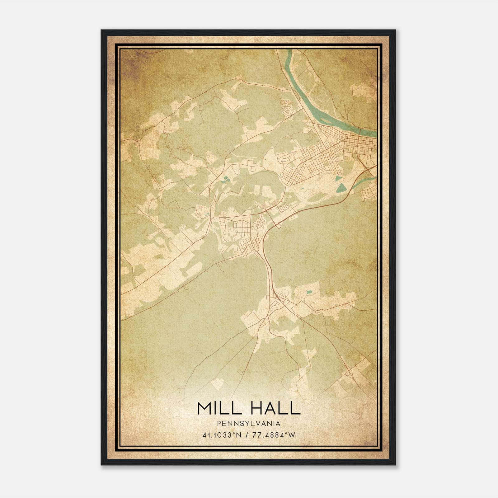 Vintage Mill Hall Pennsylvania Map Poster, Mill Hall PA City Road Wall ...