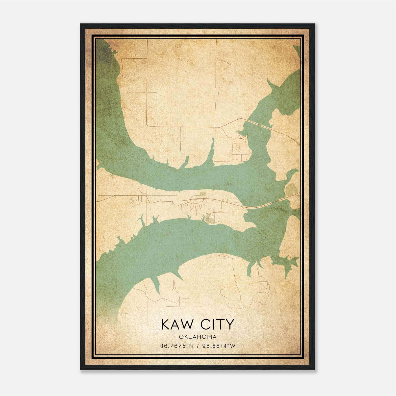 Vintage Kaw City Oklahoma Map Poster, Kaw City OK City Road Wall Art ...