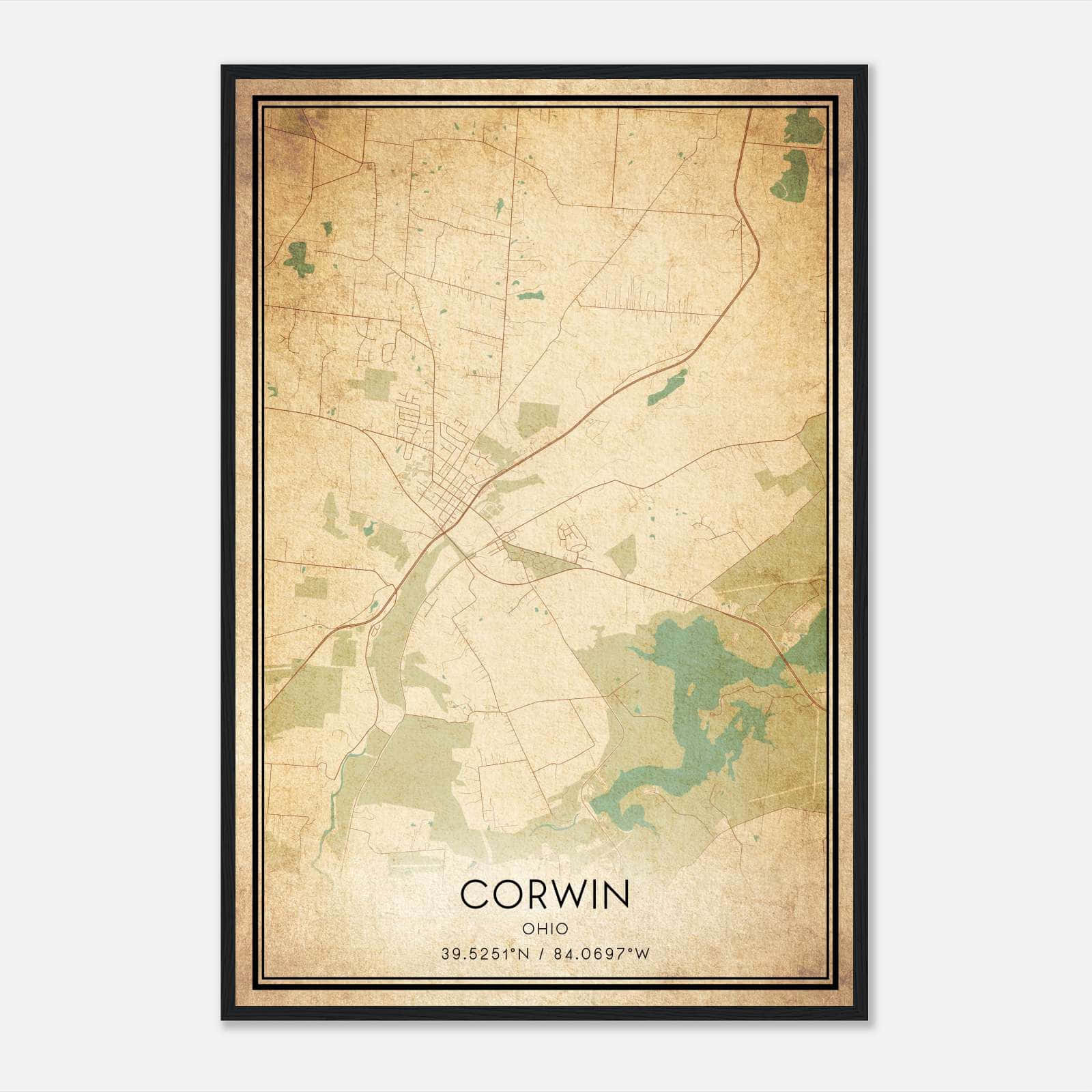 Vintage Corwin Ohio Map Poster, Corwin OH City Road Wall Art Print ...