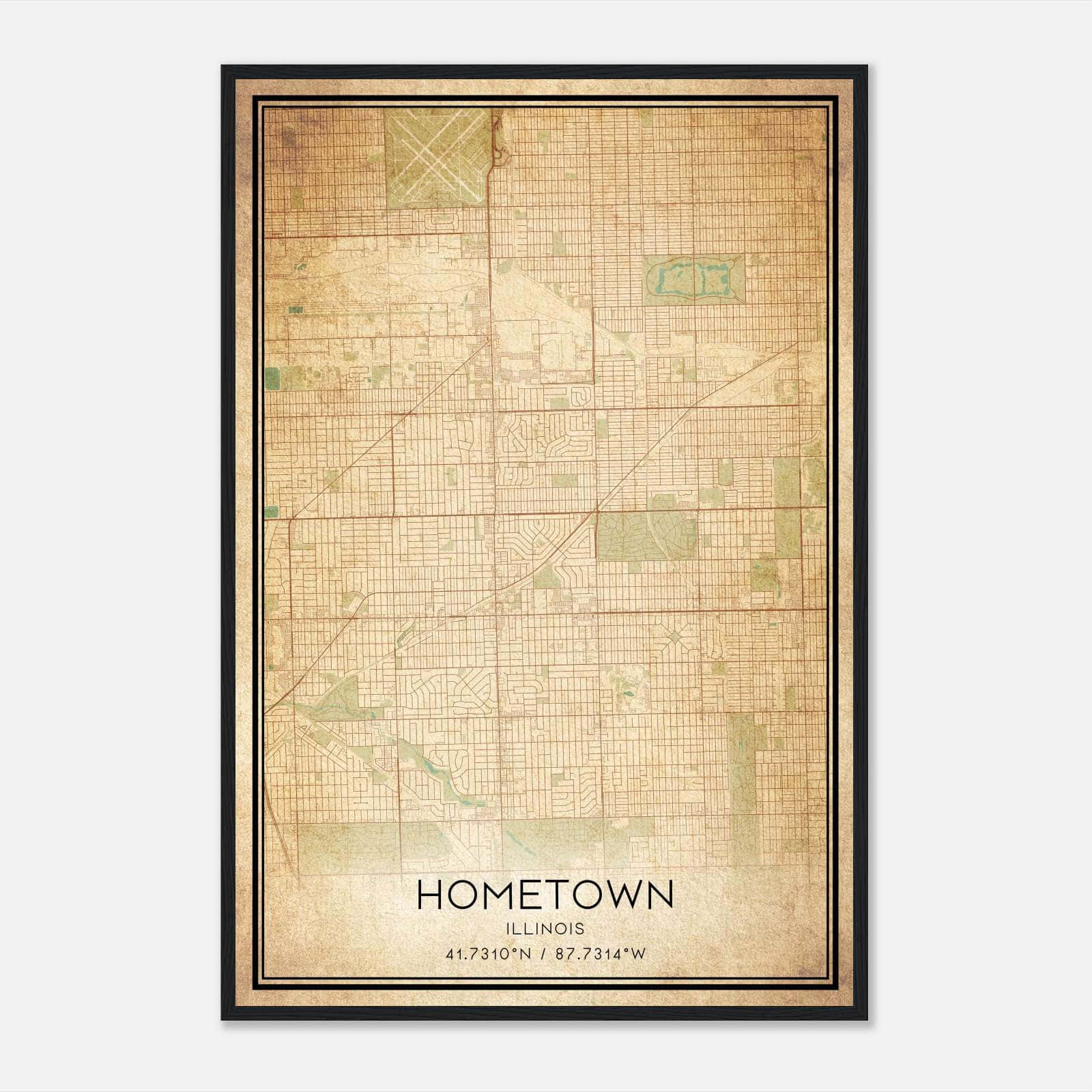 Vintage Hometown Illinois Map Poster, Hometown IL City Road Wall Art ...