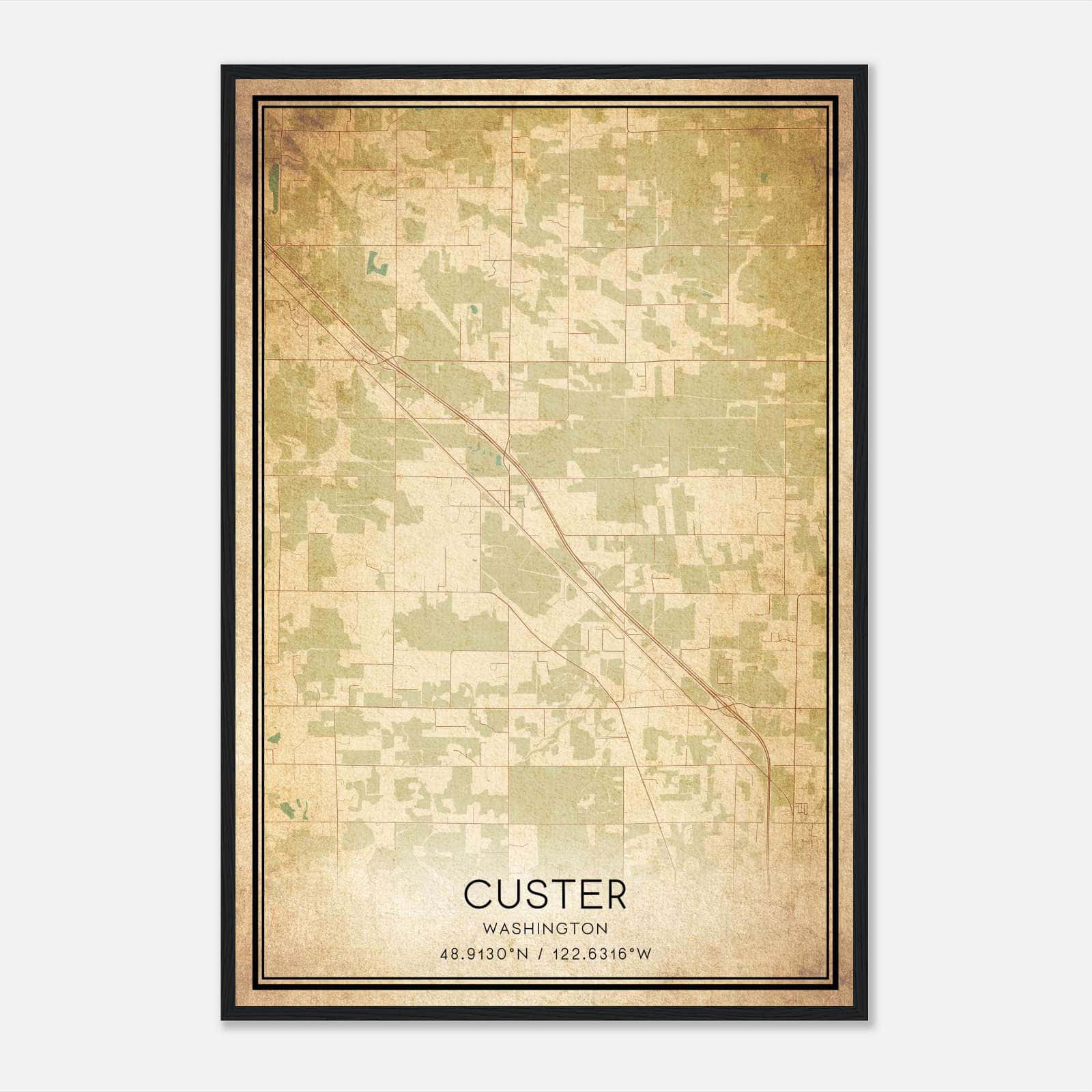 Vintage Custer Washington Map Poster, Custer WA City Road Wall Art ...