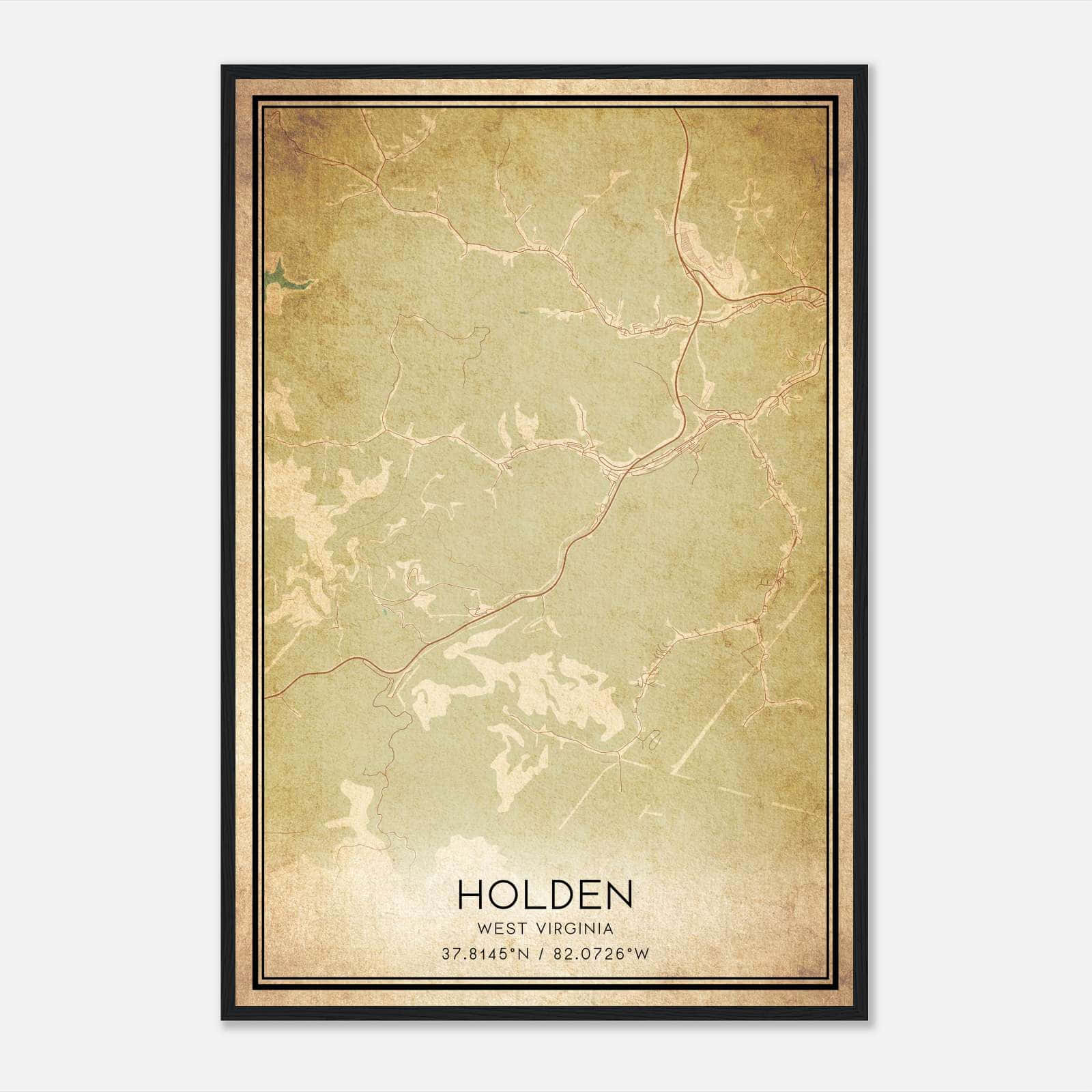 Vintage Holden West Virginia Map Poster, Holden WV City Road Wall Art Print - Custom Maps & Posters