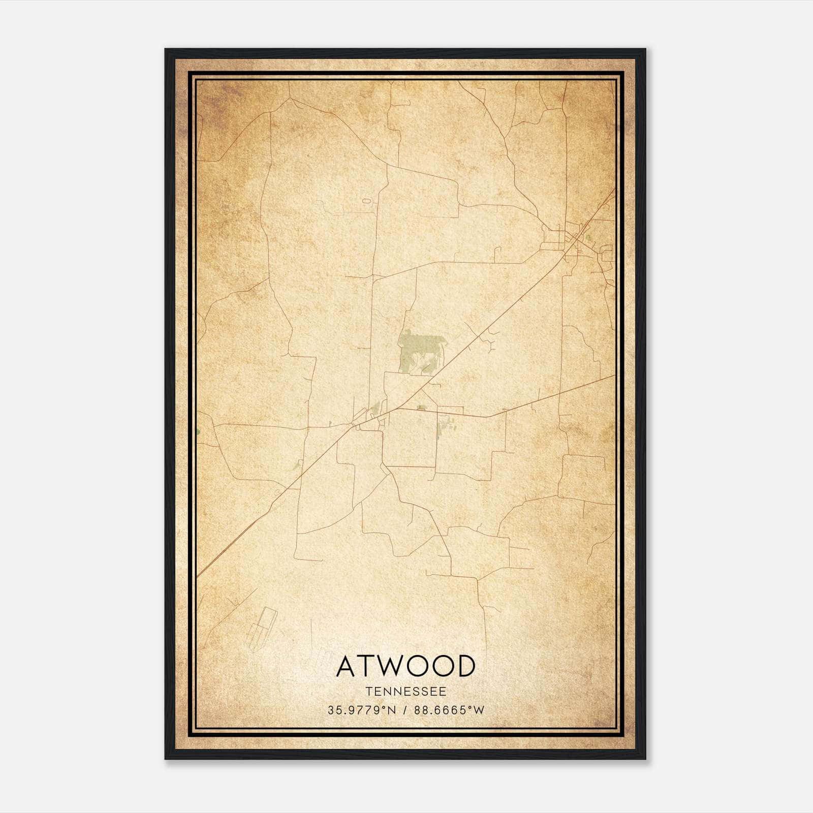 Vintage Atwood Tennessee Map Poster, Atwood TN City Road Wall Art Print ...